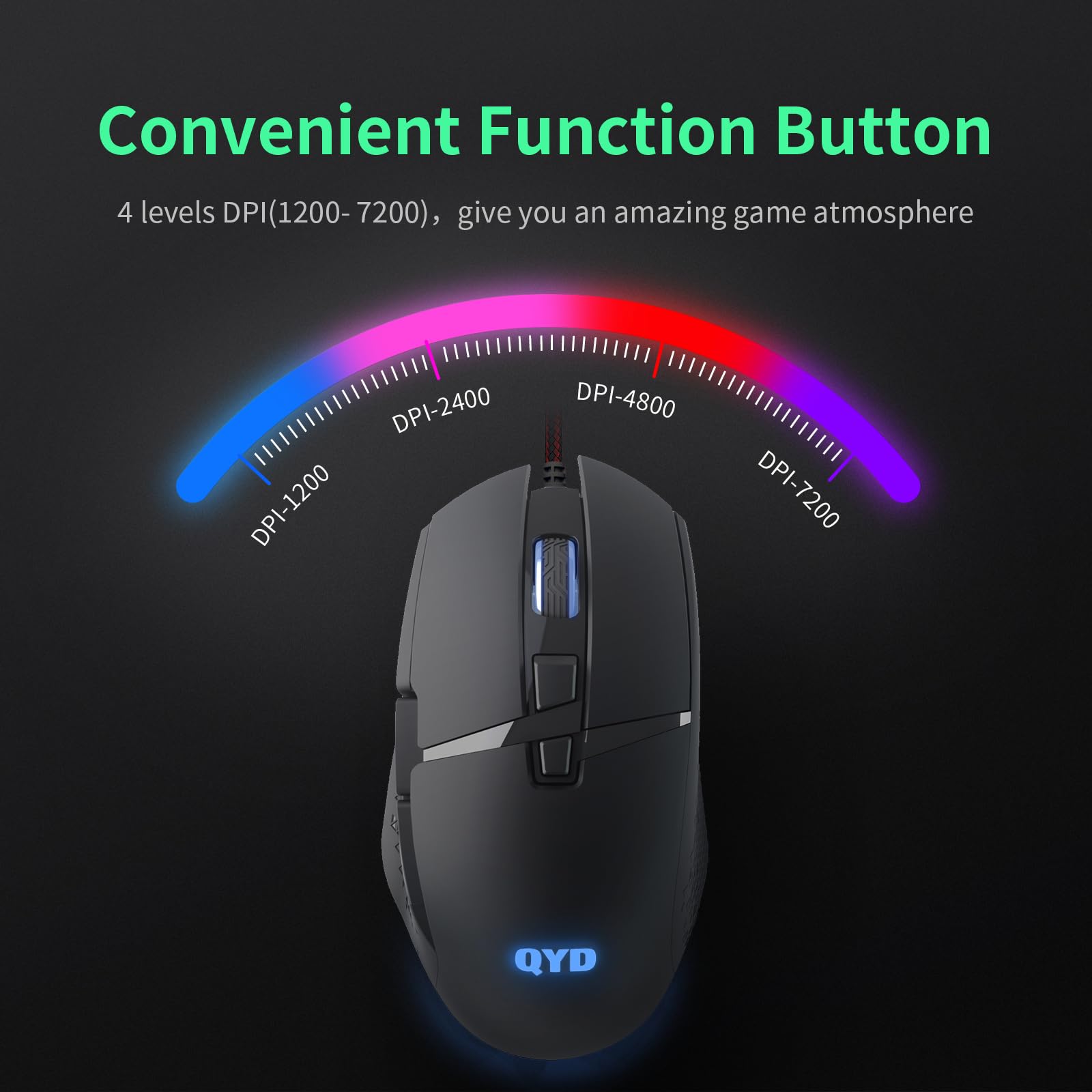 QYD Gaming Mouse Wired 7200 DPI Adjustable Gaming Mice USB RGB Mouse for Big Hands, 8 Programmable PC Mice, Ergonomic Gamer Mouse for Gaming Laptop Desktop Computer PC with 1.67m Braided Cable