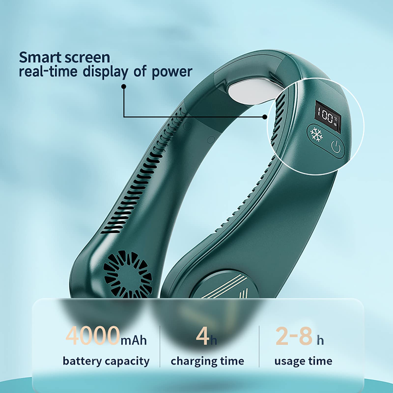winna Neck Fan Portable Bladeless Smart display wearable air conditioner 4000mAh 3-Speeds Rechargeable Personal Cooling Device Neck Cooler with refrigeration chip(Green)