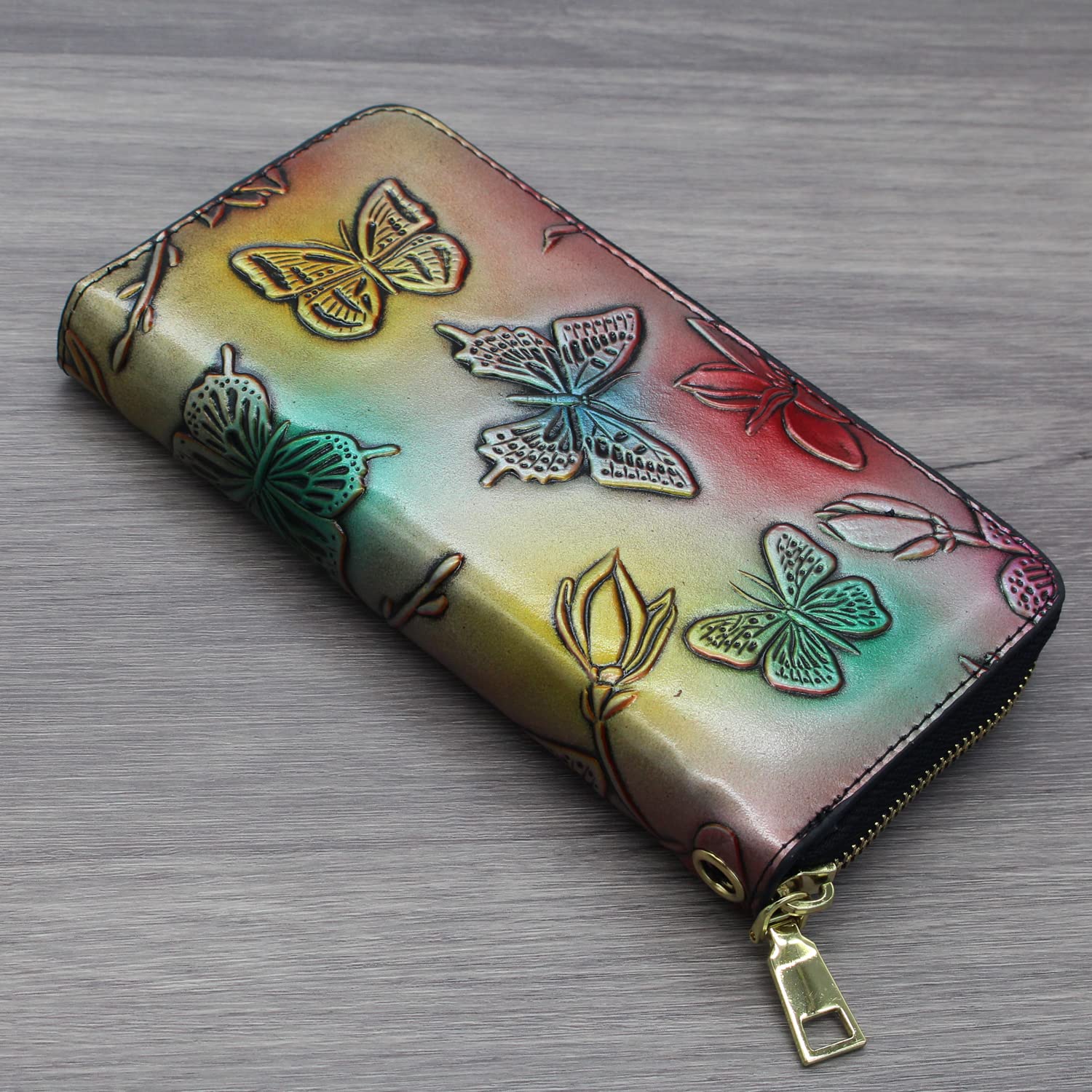 Wei Long Women RFID Blocking Wallet Embossed Leather Wristlet Zipper Clutch Bag Purse with Hand Strap(Butterfly,Red)