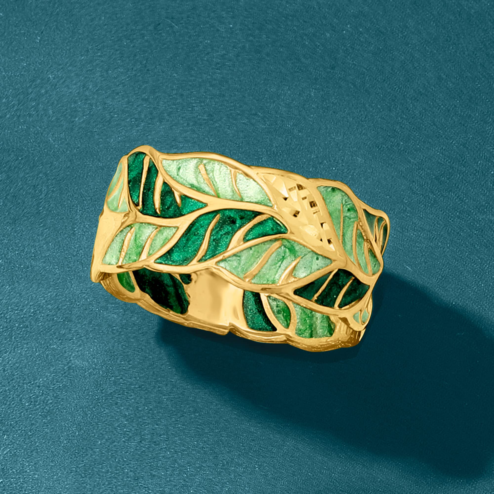 Ross-Simons Italian Green Enamel Leaf Ring in 14kt Yellow Gold. Size 8