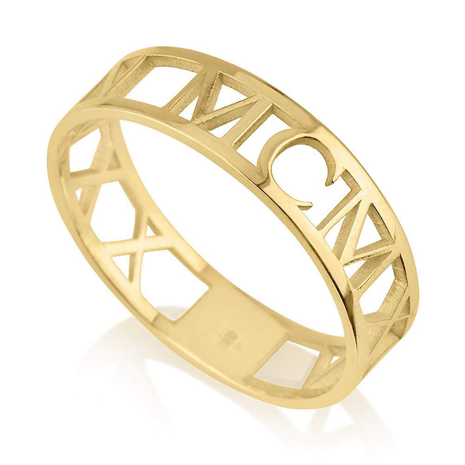 PEIMKO Personalized Cutout Roman Numeral Band Ring, Wedding Date Ring, Custom Made With Any Date/Name Size 5-12.5" (18K Gold Plated Silver)