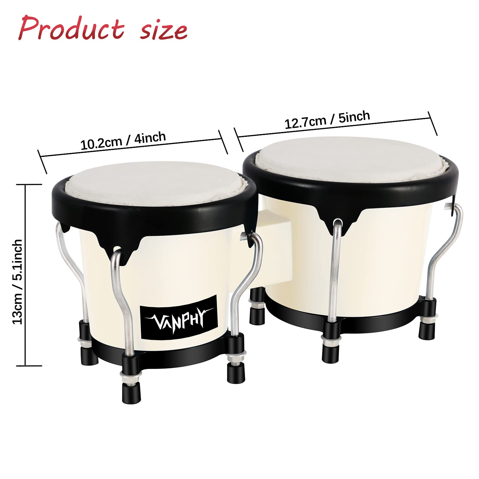 VANPHY Bongo Drum 4'' and 5'' Set for Adults Beginners Tunable Natural Skin Bongos Percussion Instruments With Tuning Wrench and Gift Box (White)