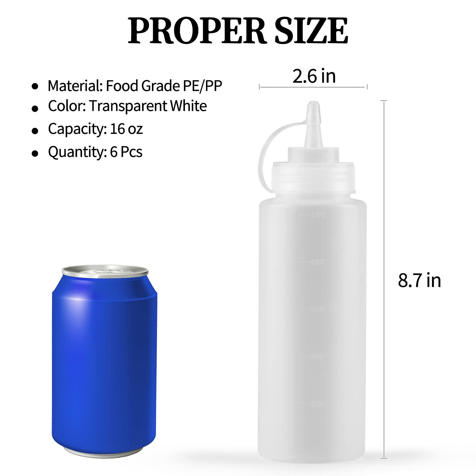Squeeze Bottles for Sauces,16oz Plastic Bottles with Squeeze Top Set of 6 Refillable Clear Squeeze Bottle with Squirt Nozzle,Leakproof Lid and Measurements for Ketchup, Sauces, Cooking Oil, Syrup