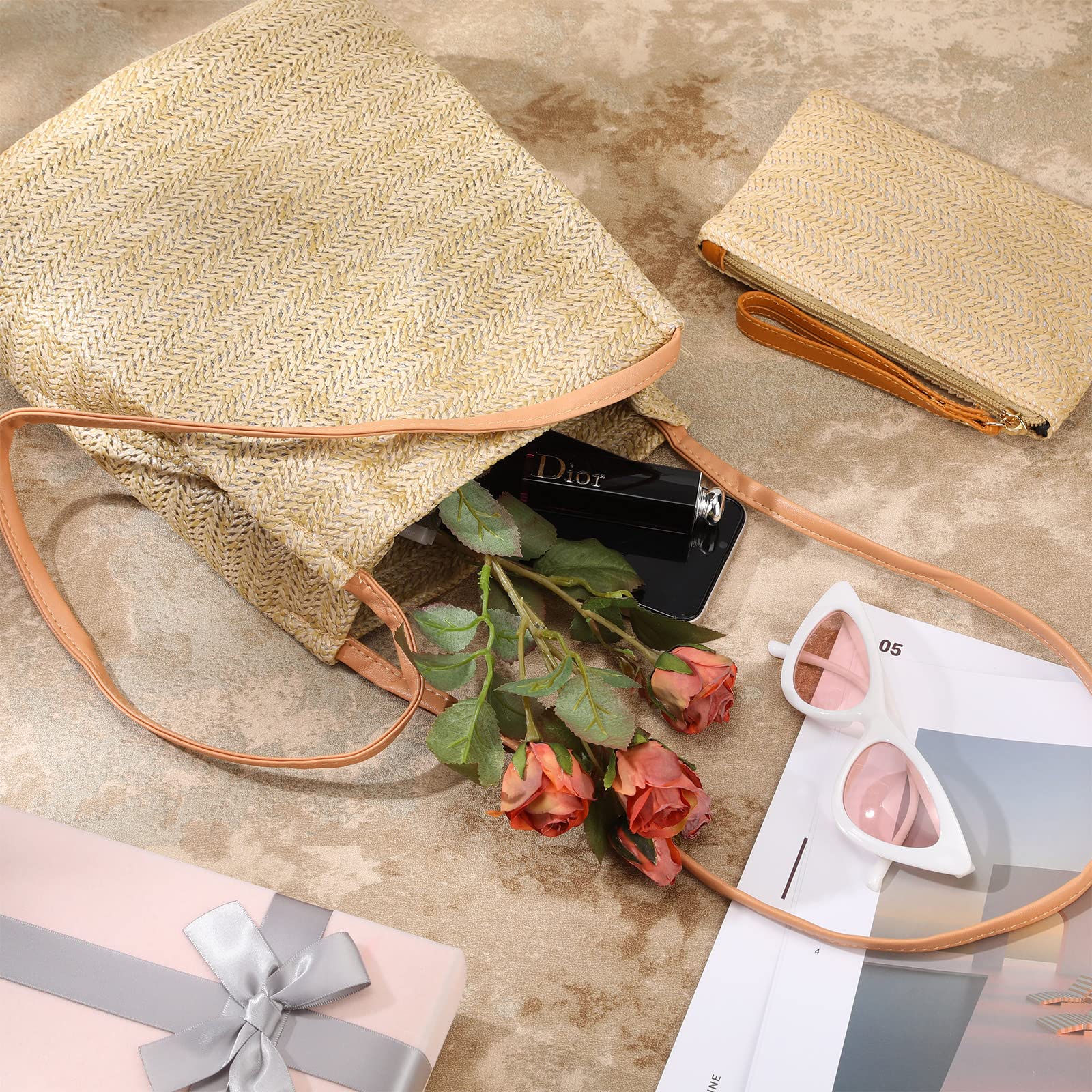 Straw Beach Tote Bag Straw Clutch Purse for Women Summer Beach Vacation Boho Handbag Shopping Shoulder Bag (Dark Beige)