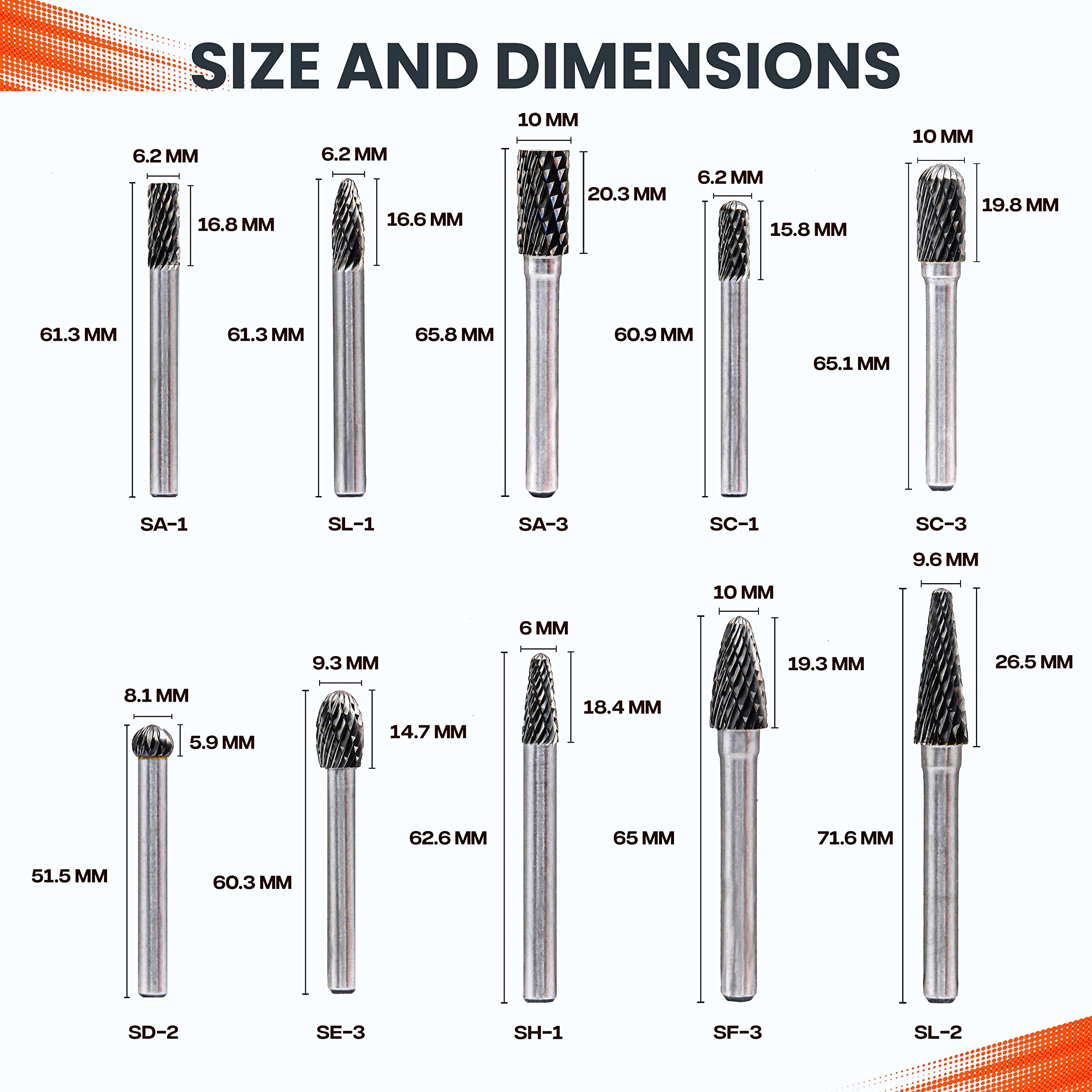 Tungsten Carbide Burr Set (YG10) β 1/4β Shank, Die Grinder Bits, Compatible with Dremel - 10 Pcs Double cut Carbide Rotary Burr Set for Grinding, Carving and Engraving