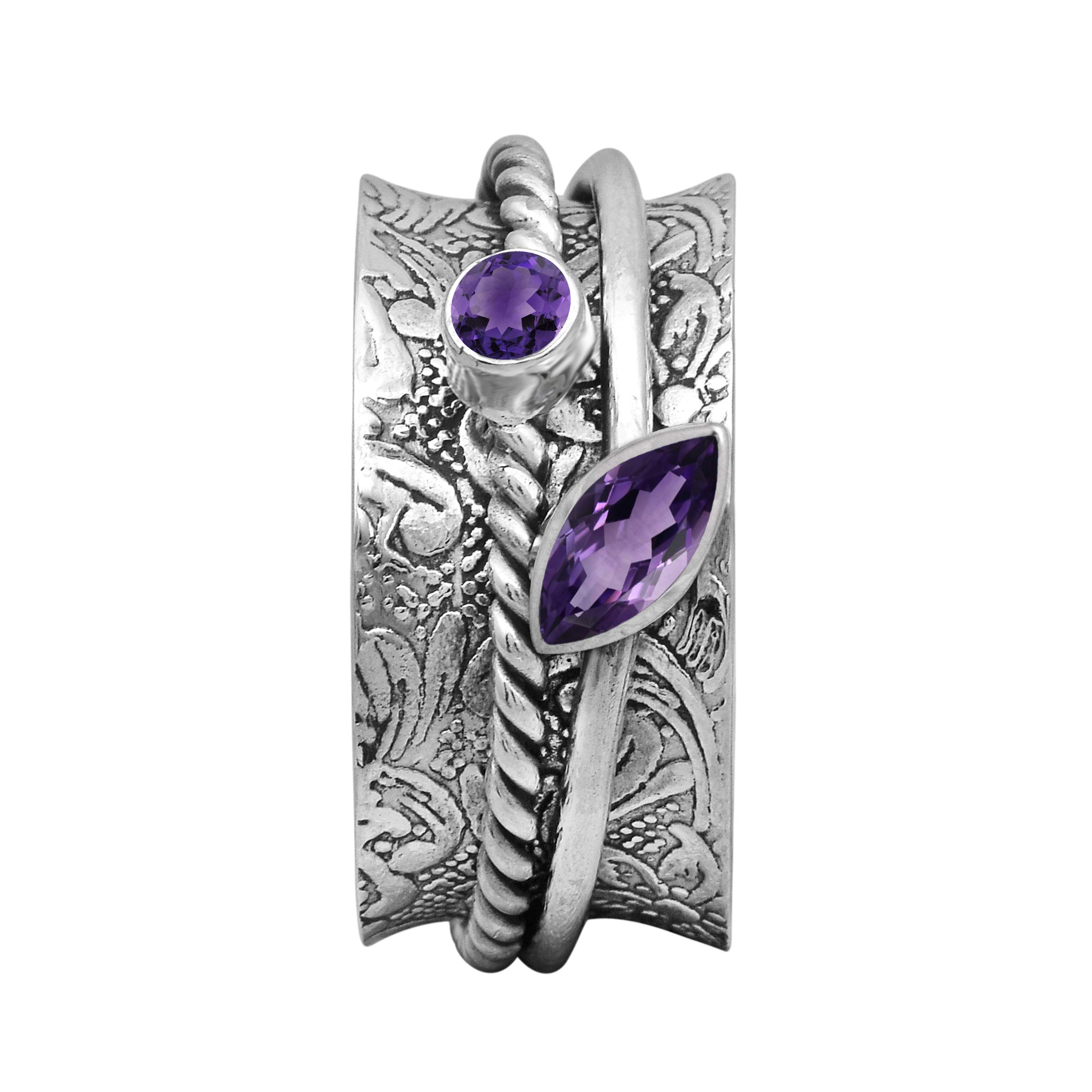 Shine Jewel Spinner Ring with Gemstones 925 Sterling Silver Fidget Band Meditation Ring for Men Women Anxiety Stress Relieving (Purple Amethyst, 8)