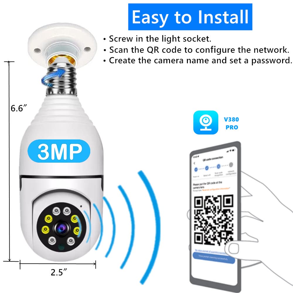 Nexete Wi-Fi Light Bulb Camera, HD 2K 3.0MP Cam 360 Degrees Panoramic Cam 2.4GHz Wi-Fi Security Camera, Home Wireless IP LED Camera with Floodlight/Night Vision/Alarm/Auto Tracking Motion Detection