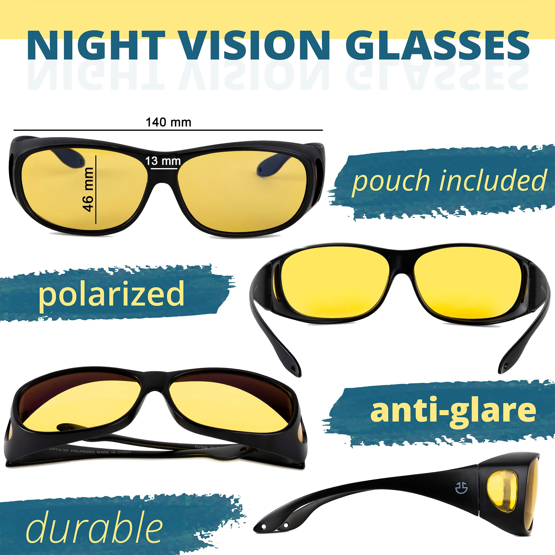Optix 55 Fit Over HD Day/Night Driving Glasses Wraparound Sunglasses for Men, Women - Anti Glare Polarized Wraparounds (Night Vision/Sunglasses)