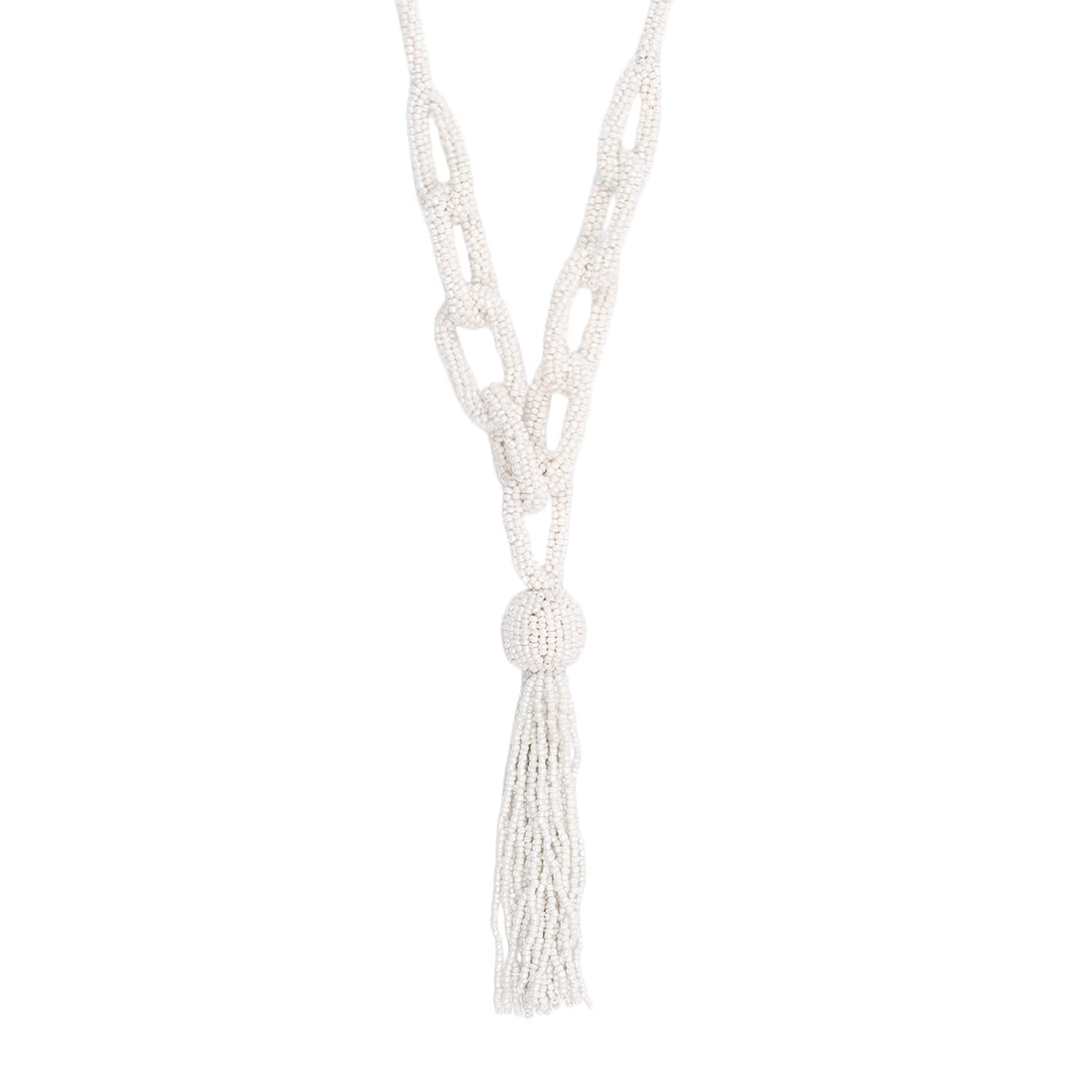 RF RIZIR FASHION Long Handmade Glass Beaded Statement WHITE Necklace for Women
