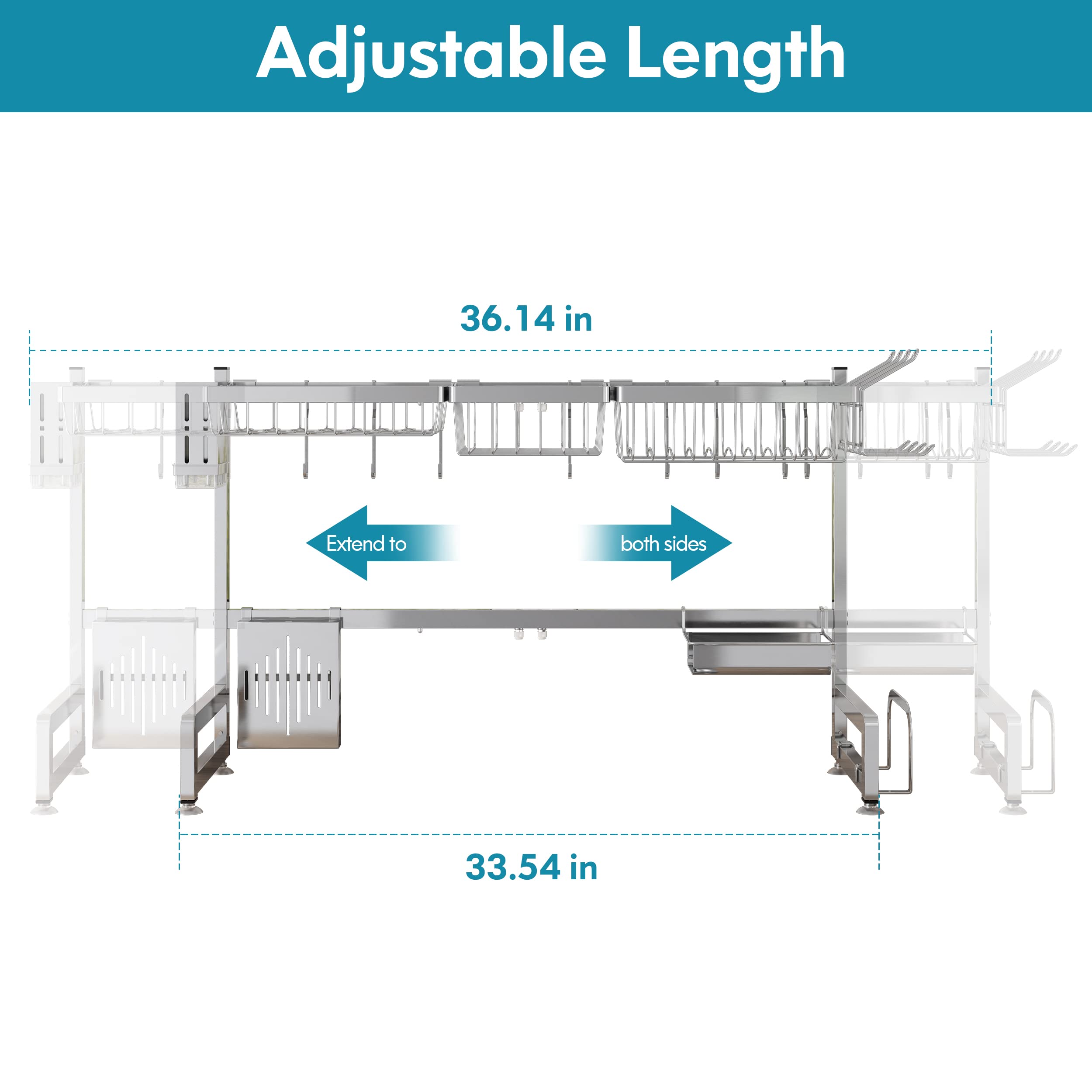 romision Over The Sink Dish Drying Rack, 2-Tier Adjustable Length(33.5-36.2in) Stainless Steel Dish Rack Over Sink, Expandable Large Dish Drainer for Kitchen Counter with 8 Hooks, Sliver