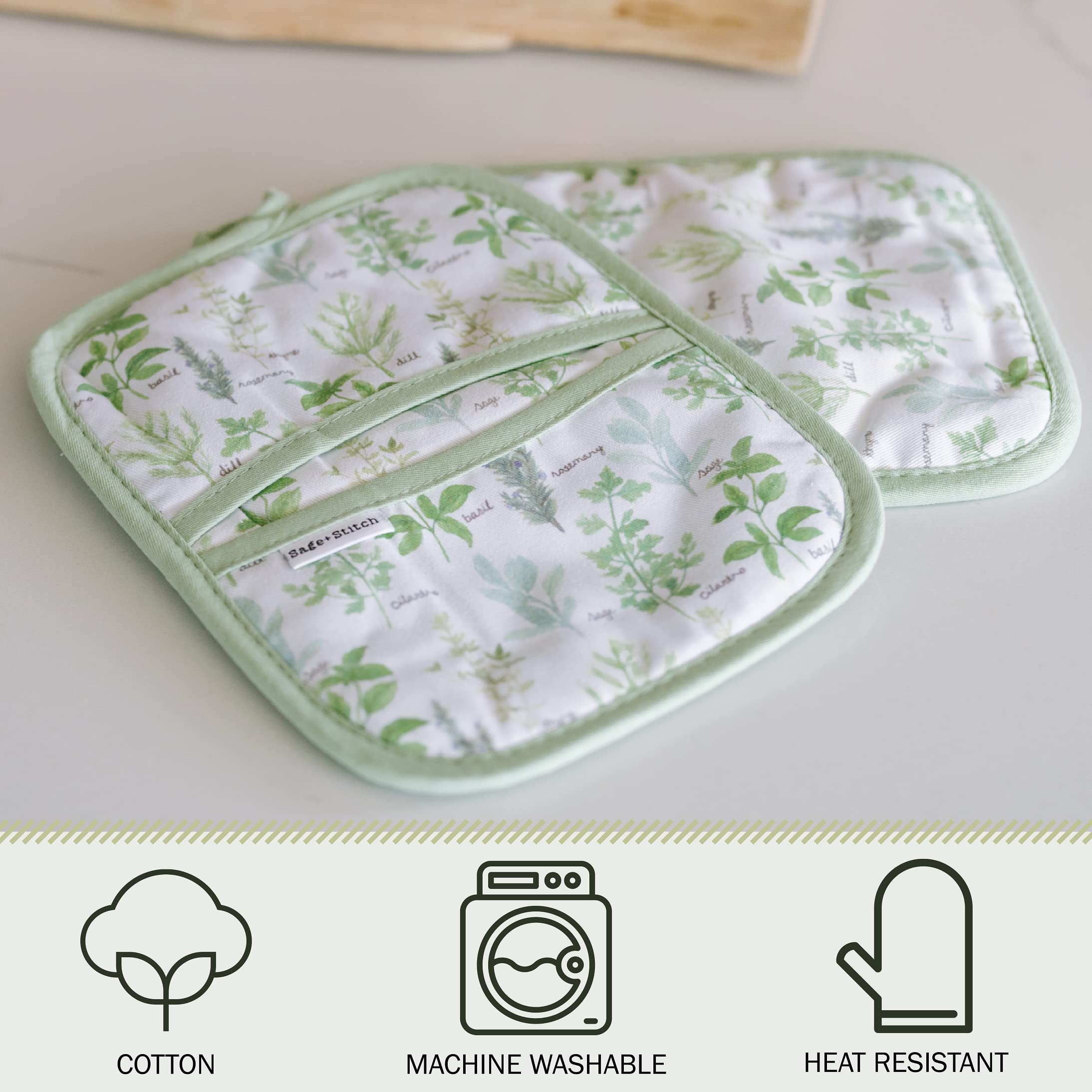 Sage+Stitch Oven Mitts and Pot Holders 4 Piece Set | Heat Resistant Gloves | Accessories for Kitchen and Baking | Green Herb Design