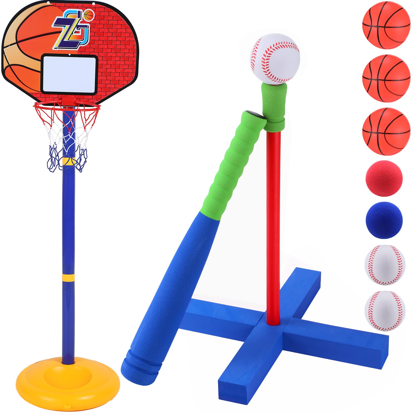 Supervitae Baseball and Basketball Training Set for Kids Include Basket Hoop Foam Baseball Tee Carry Bag Adjustable Height Toddler Kid Back to School Sport Gift(Classic)
