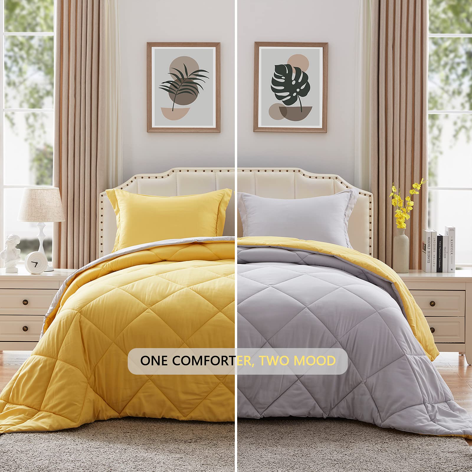 NexHome Lightweight Comforter Set King Size, Down Alternative Solid Comforter Set Thin Microfiber Reversible Summer Bedding Comforter with 2 Pillow Sham (King, Yellow/Light Grey)