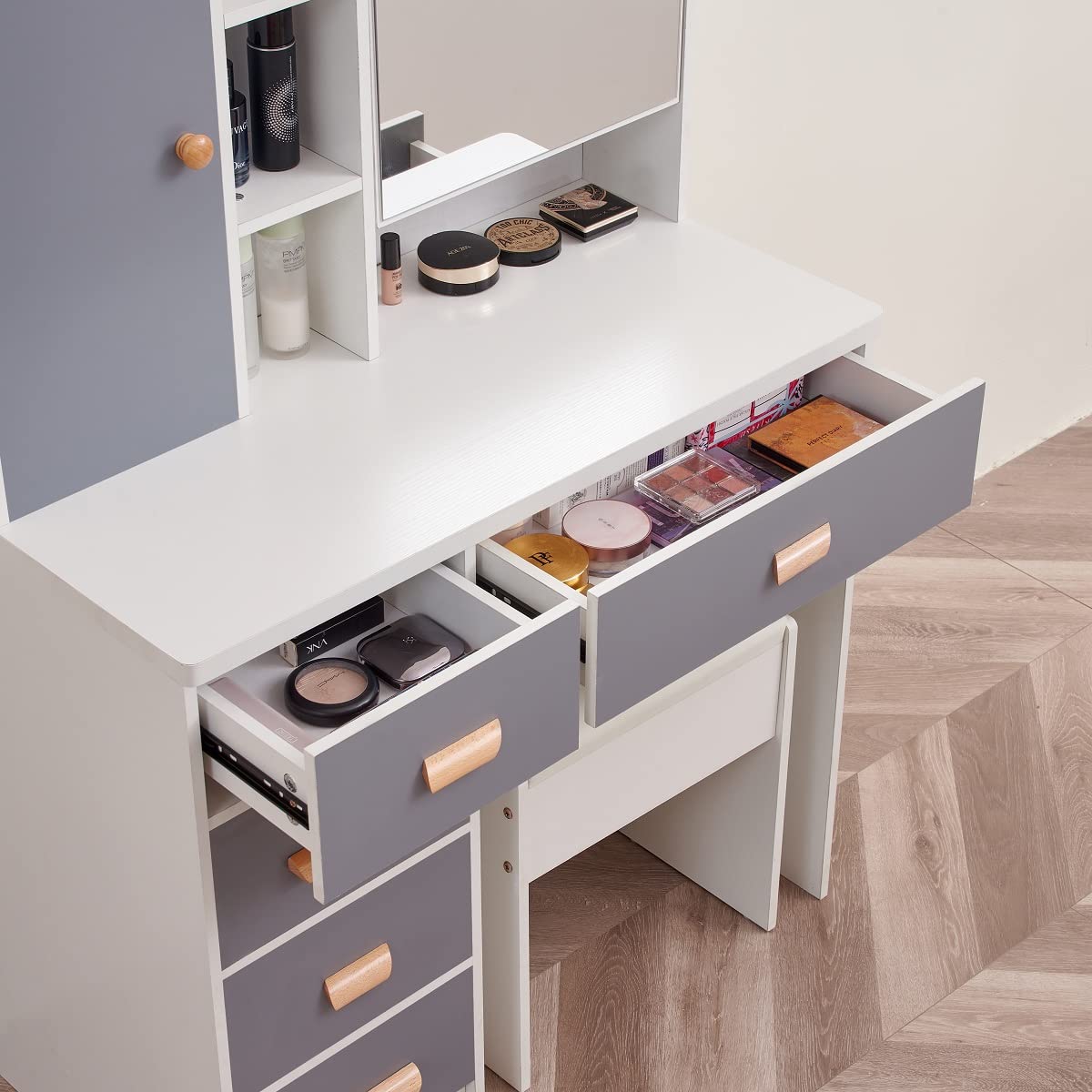 meolanov Modern Makeup Table with Mirror and Cushioned Stool, Dressing Table with Hidden Shelves, 5 Drawers, Bedroom Dressing Table,Vanity Stool for Women, Girl’s Room