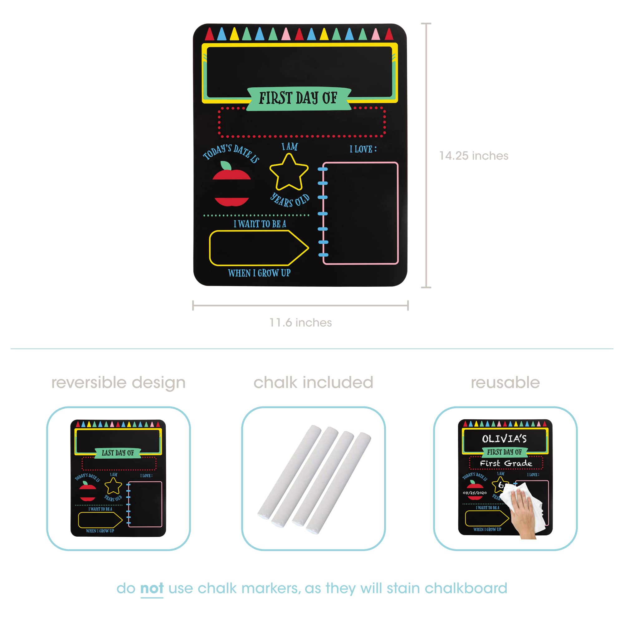 Pearhead First and Last Day of School Reversible Chalkboard, Milestone Board, Reusable Photo Sharing Prop with Chalk, Celebrate School Memories and Milestones