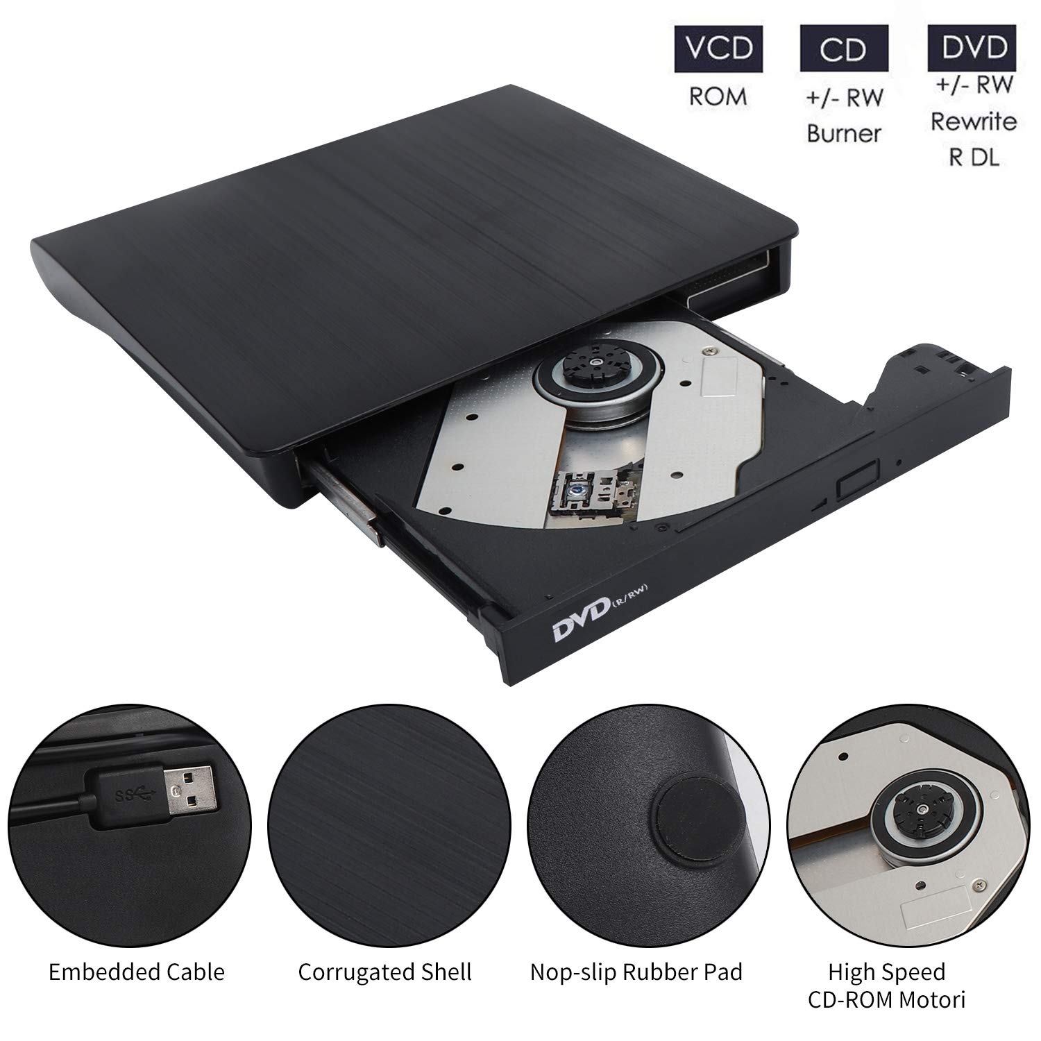 OOCLCURFUL External CD Drive, USB 3.0 Slim DVD Writer Rewriter Burner High Speed Data Transfer for Desktop/Laptop/Linux/Mac OS/Windows10/8/7 (2021 Upgrade, Black)