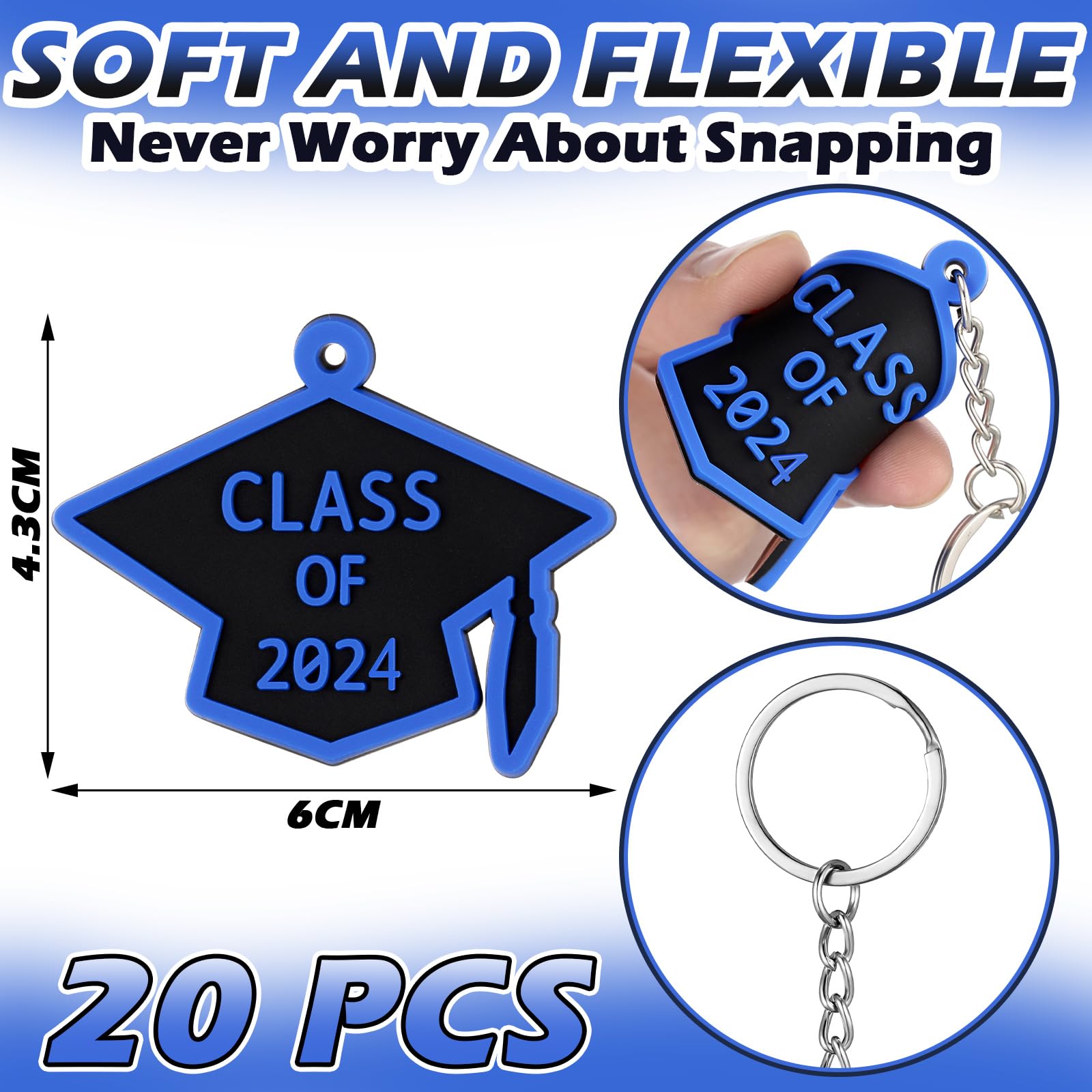 WILLBOND 20 Pieces Class of 2024 Graduation Keychains Rubber Key Chains Grad Cap(Gold and Black)