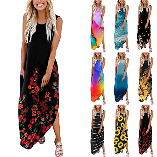 Winter Women Maxi Dress Summer Spring O Neck Dresses Sleeveless Split Long Boho Pocket Beach Tank Winter Mid Length Blue
