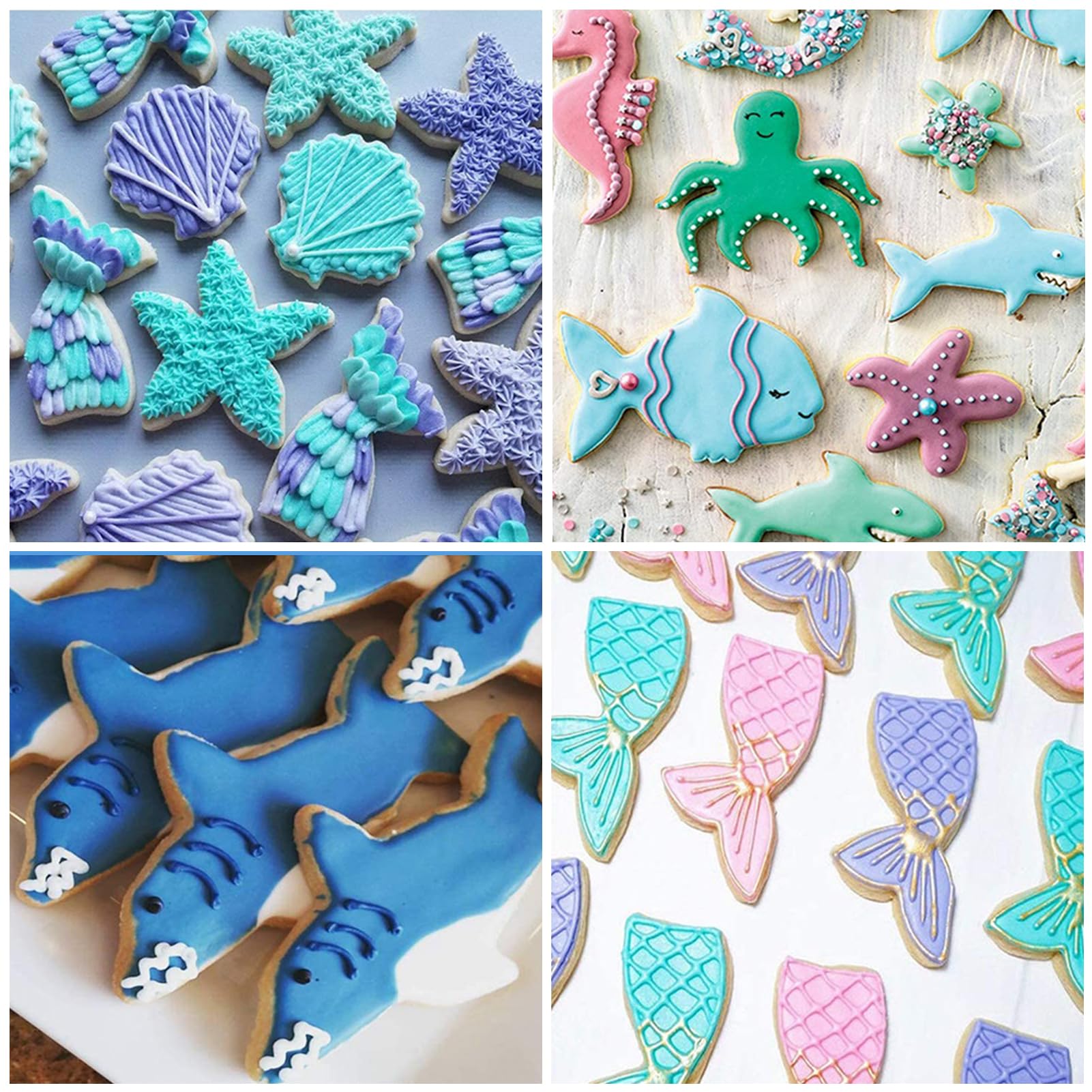 TINGSING Cookie Cutters 13-Piece Under The Sea Cookie Cutter Set with Recipe Booklet, Shark, Whale, Fish, Mermaid Tail, Sea Turtle