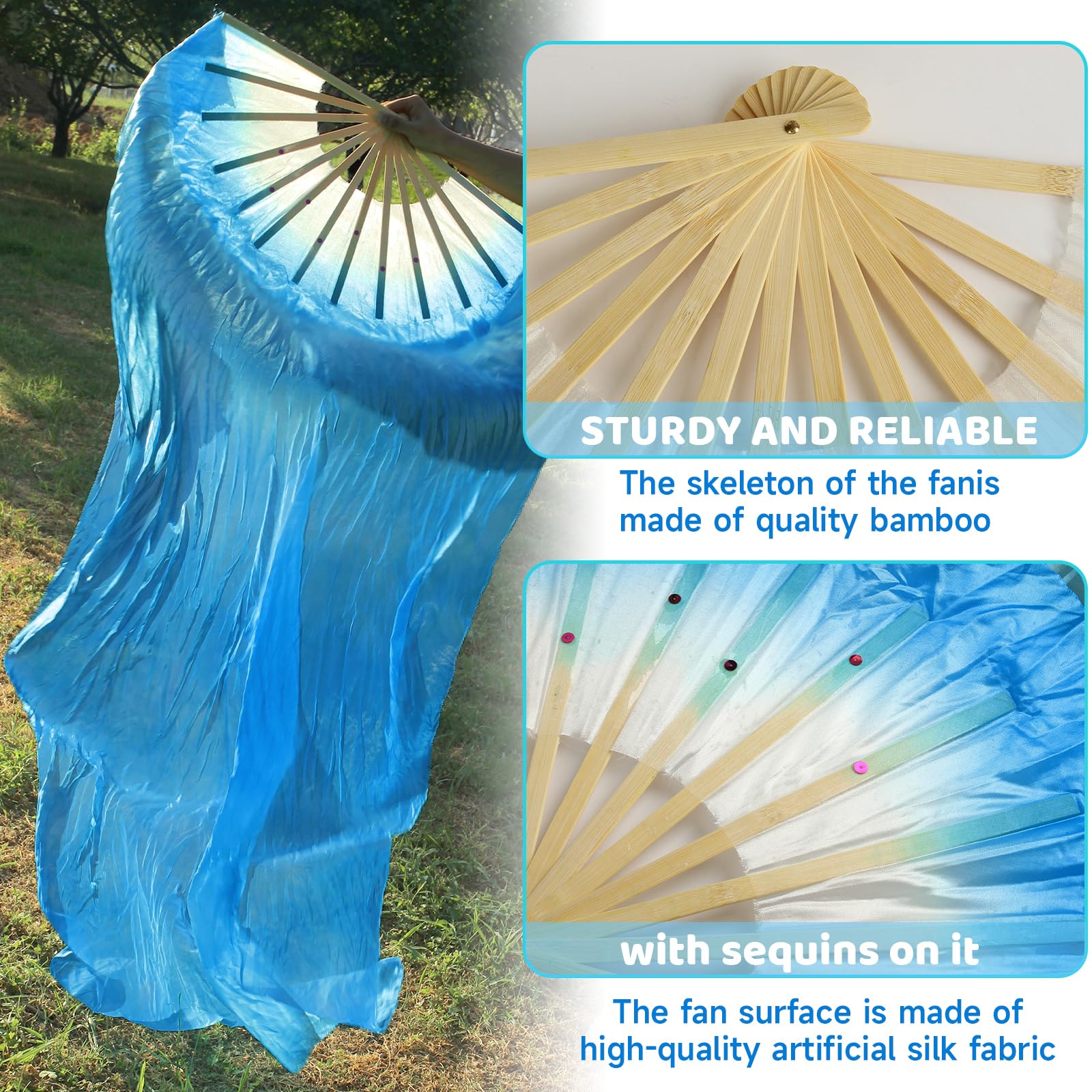 WEISIPU Hand-Made Faux Silk Belly Dance Fan Veils - Bamboo Long Fans Veils Available in 8 Stunning Colors for Dance Performances Right Hand (Blue)