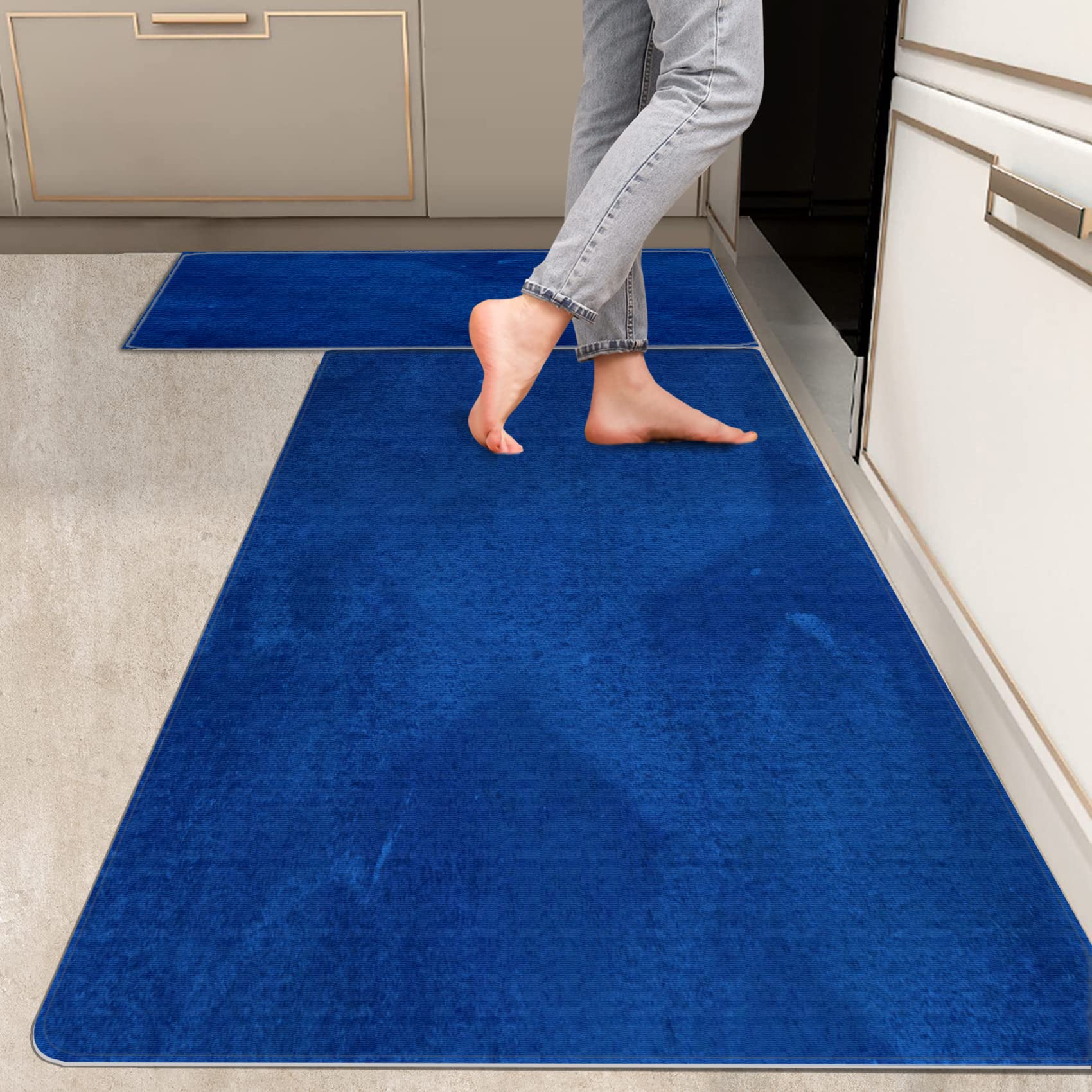 RYANZA 2 Pieces Kitchen Rugs, Abstract Anti Fatigue Non Slip Foam Cushioned Royal Blue Art Graffiti Modern Comfort Indoor Floor Mat Runner Rug Set for Laundry Office Sink Bathroom (17"x48"+17"x24")