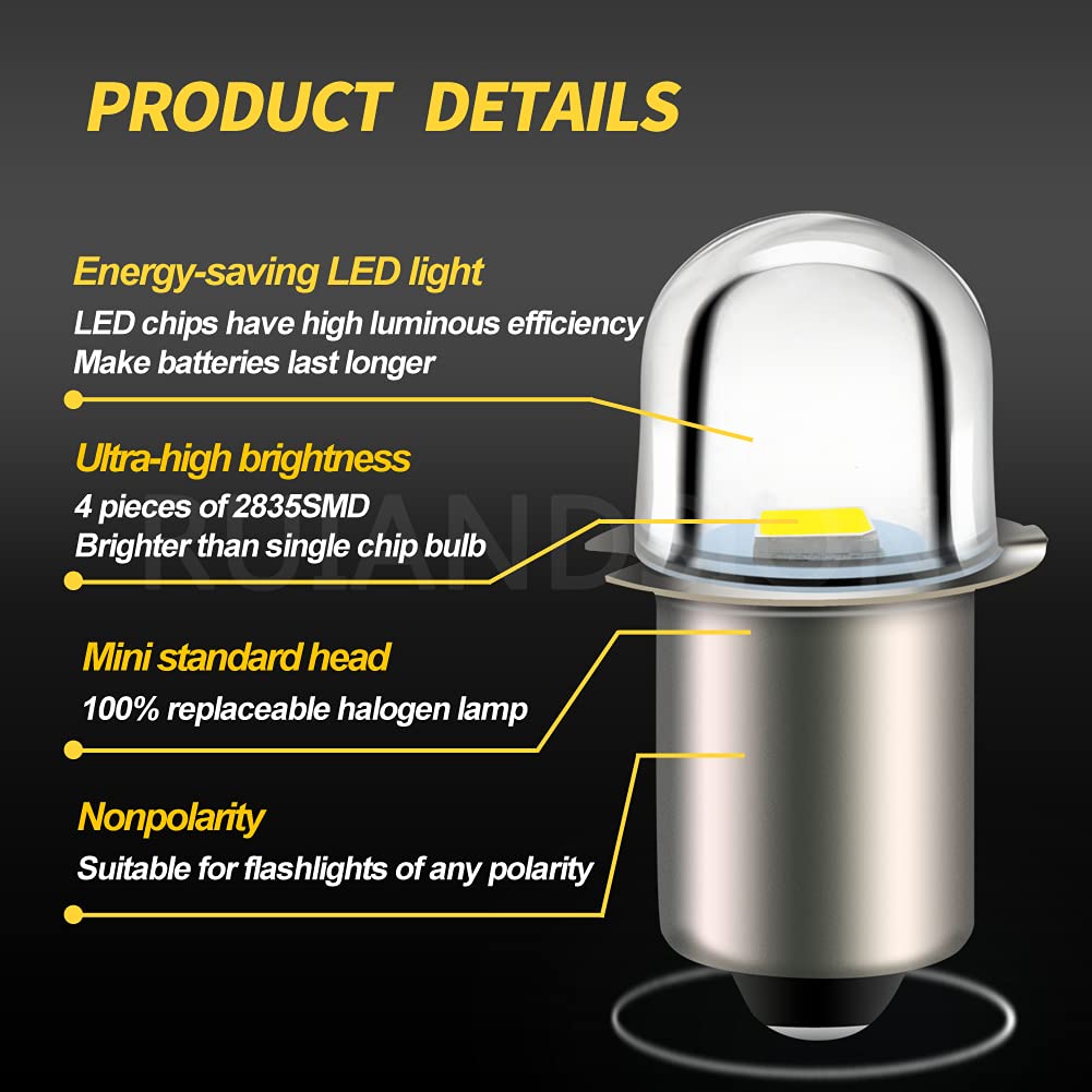 Ruiandsion Upgrade LED Flashlight Bulb 18V P13.5S Base Socket White LED Bulbs Replacement for Flashlight Torch Lights,Non-Polarity (Pack of 5)