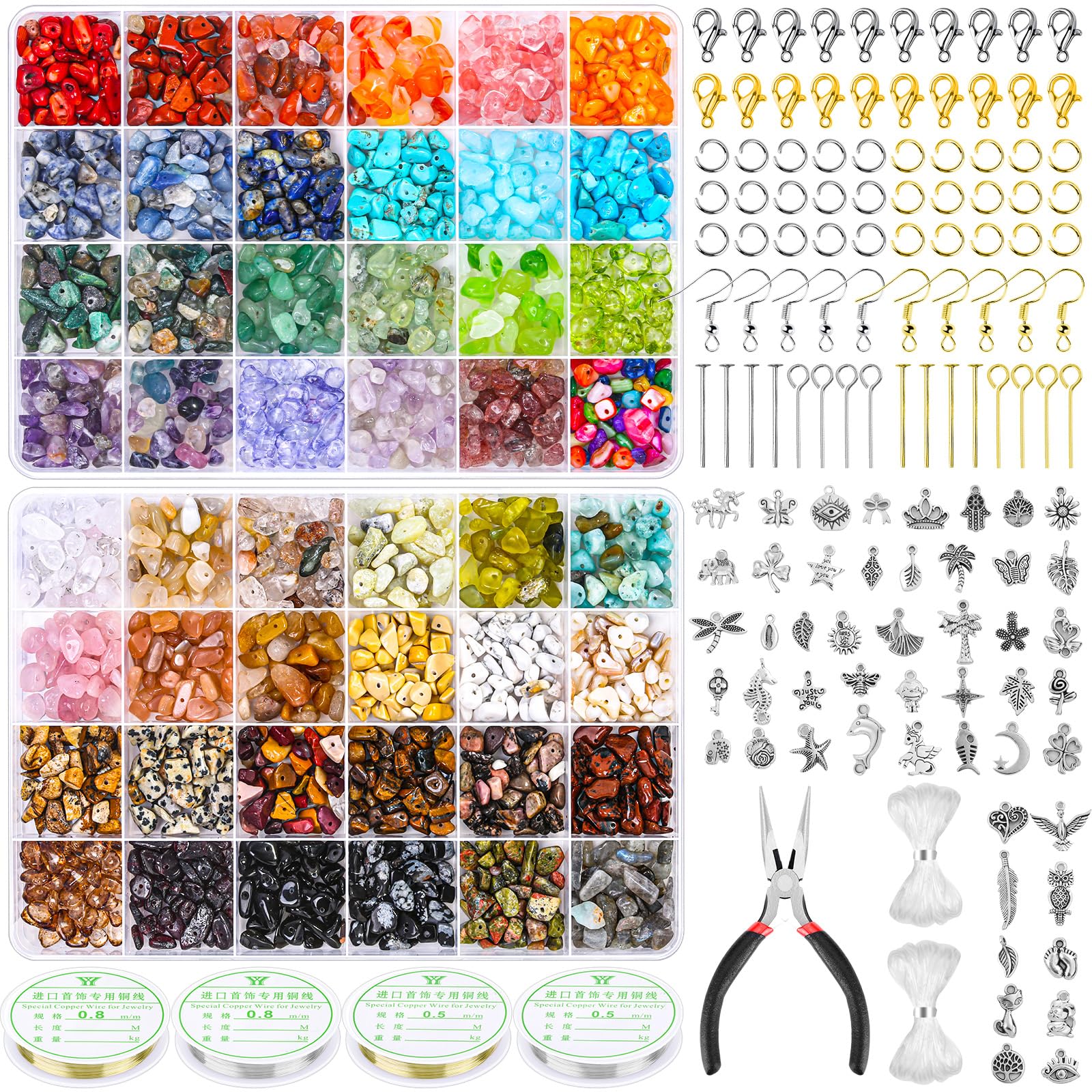 PAXCOO 1046Pcs Crystal Chip Beads and Jewelry Making Gemstones Kit for Jewelry Earring Necklace and Bracelets Making Supplies