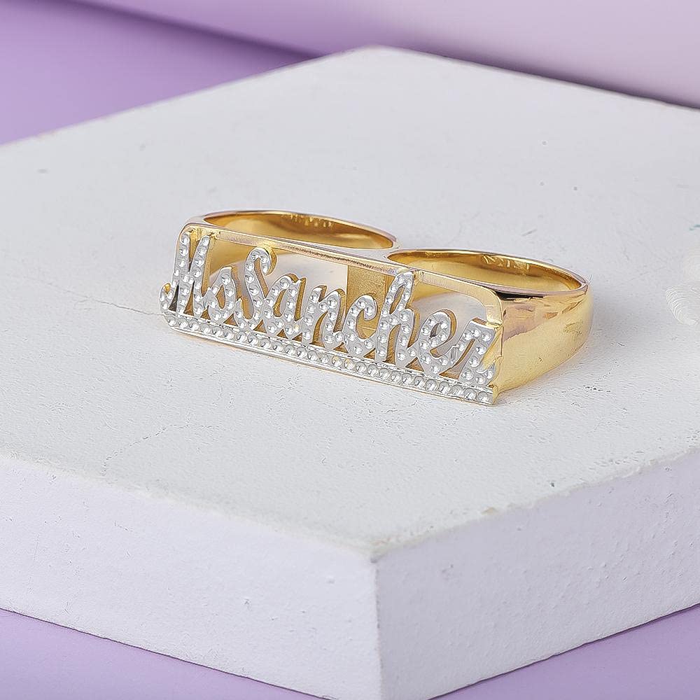 Personalized Custom Name Ring Unisex 18K Gold-Plated Copper Nameplate Two Fingers Ring with Name Jewelry Gift for Women