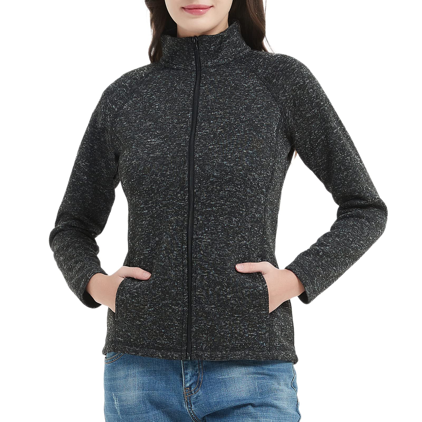 SLOWTOWN Women's Sweater Fleece Jacket Zip-up Sweater Lightweight Speckled Jacket with Pockets (Black, Medium)