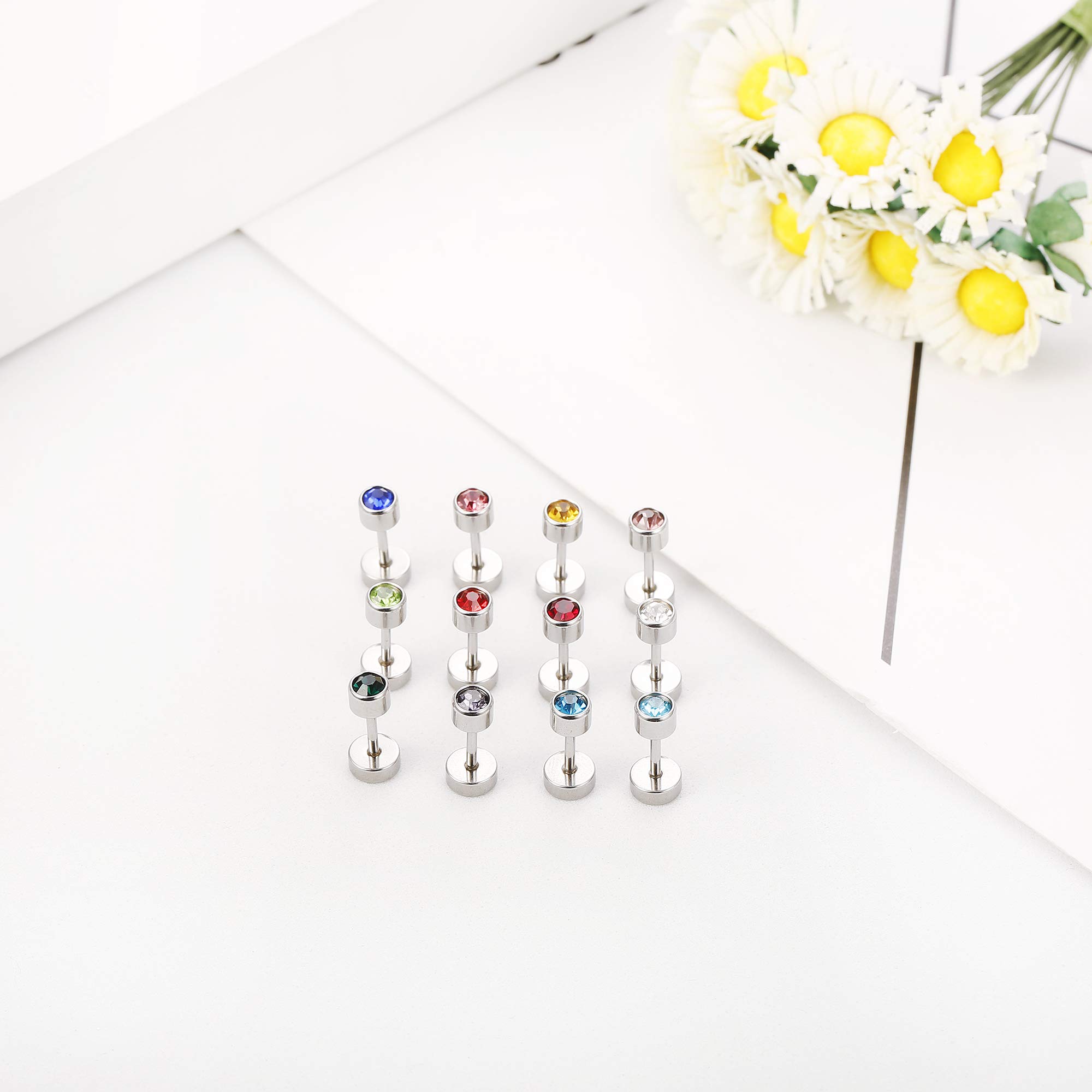 ORAZIO 12 Pairs Stainless Steel CZ Stud Earrings for Women Cubic Zirconia Cartilage Stud Earring Screwback 4mm