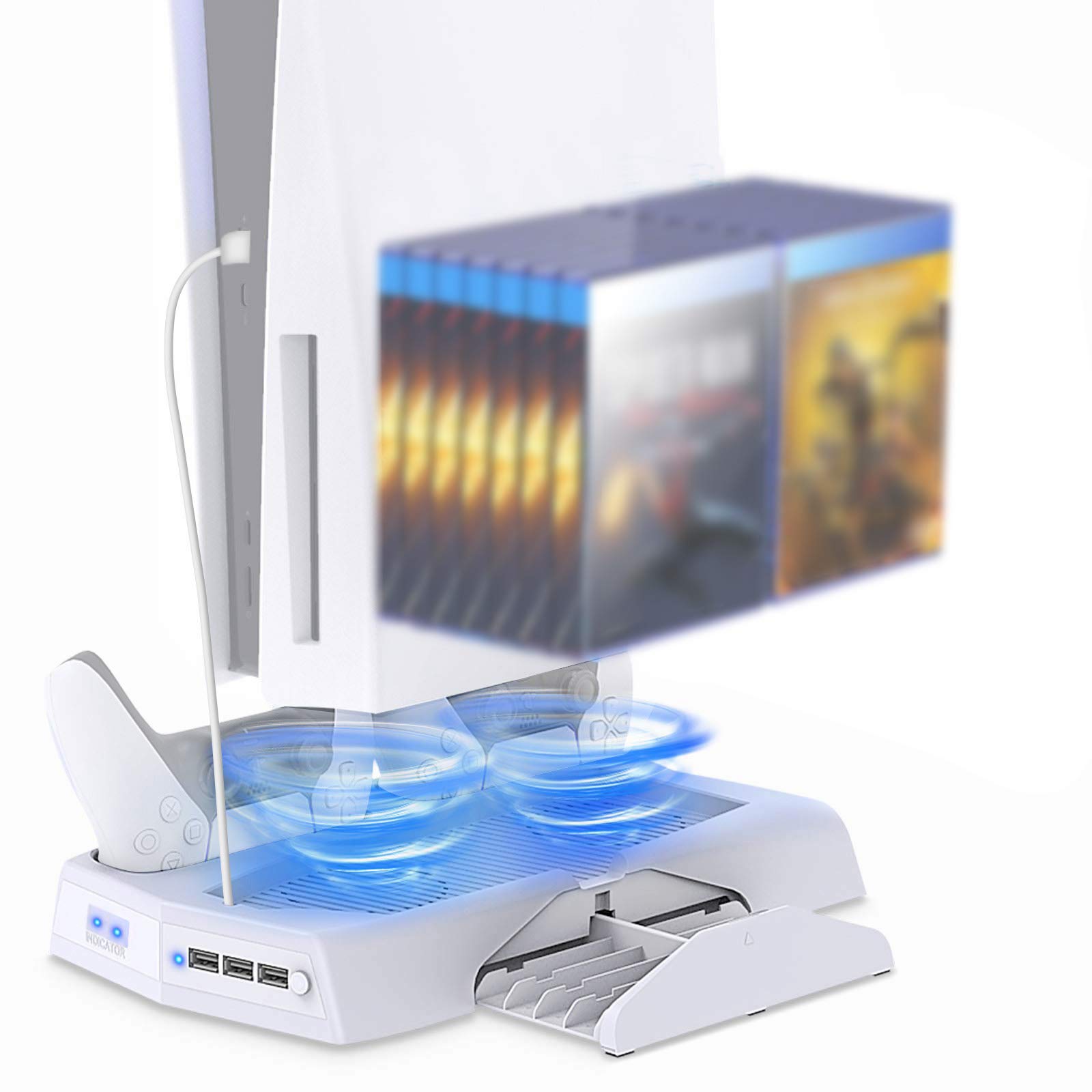 PS5 Vertical Stand with Cooling Fan for PS5 Digital Edition/Ultra HD Console, Samyoung Playstation 5 Accessories PS5 Controller Charging Station with 14 Game Slots - White