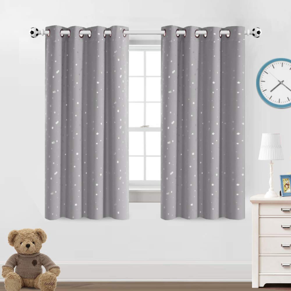 PrinceDeco Blackout Kids Curtains for Bedroom Thermal Insulated Silver Twinkle Star Curtains for Boys Antique Grommet Top Window Treatment 2 Panels Drapes for Nursery (52" W x 63" L, Grey/Silver)
