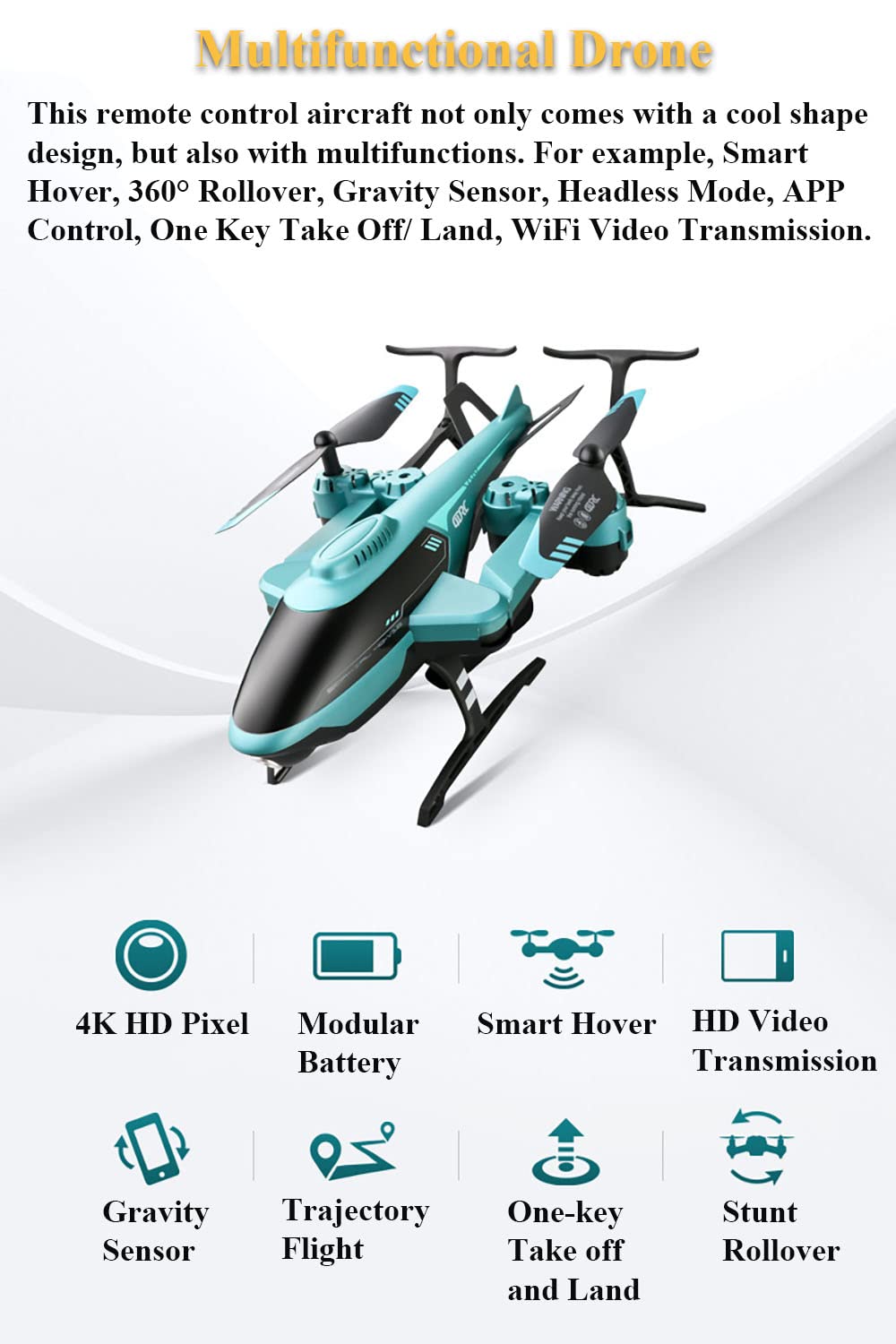 NEXTAKE Remote Control Drone, Foldable RC Aircraft 2 Motors RC Fighter 6 Channel RC Plane 2.4GHz RC Helicopter UAV for Beginner with 4K HD Camera, Modular Battery (Blue-with 4K HD Camera)