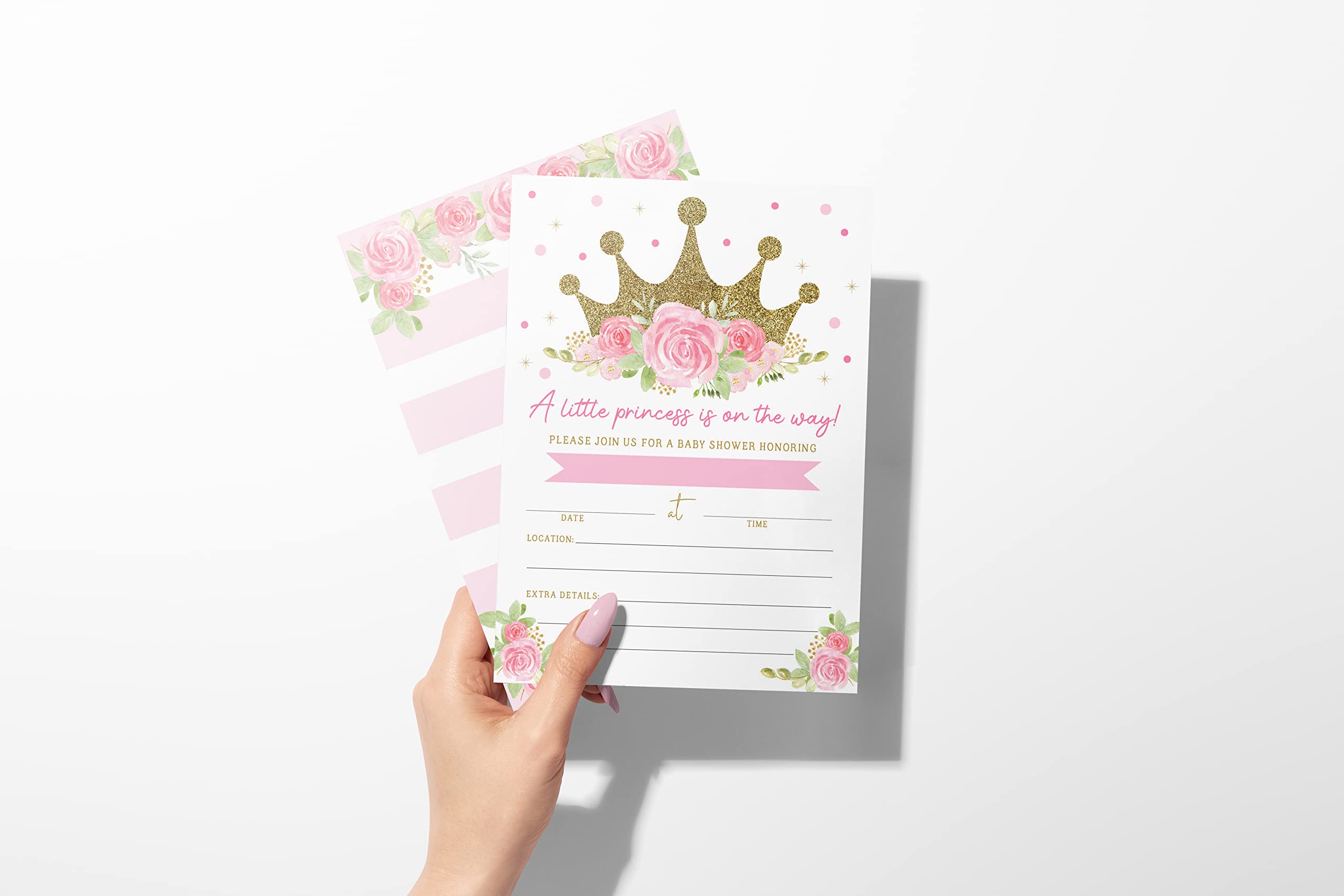 Princess Baby Shower Invitations with Book Request and Diaper Raffle Card, Pink Baby Sprinkle, 20 Fill in Invites