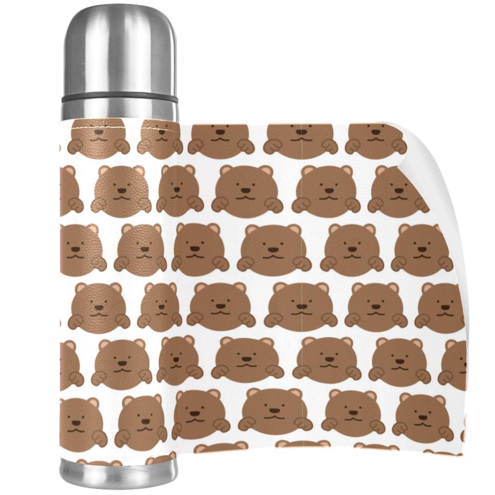Stainless Steel Leather Vacuum Insulated Mug Bear Thermos Water Bottle for Hot and Cold Drinks Kids Adults 16 Oz