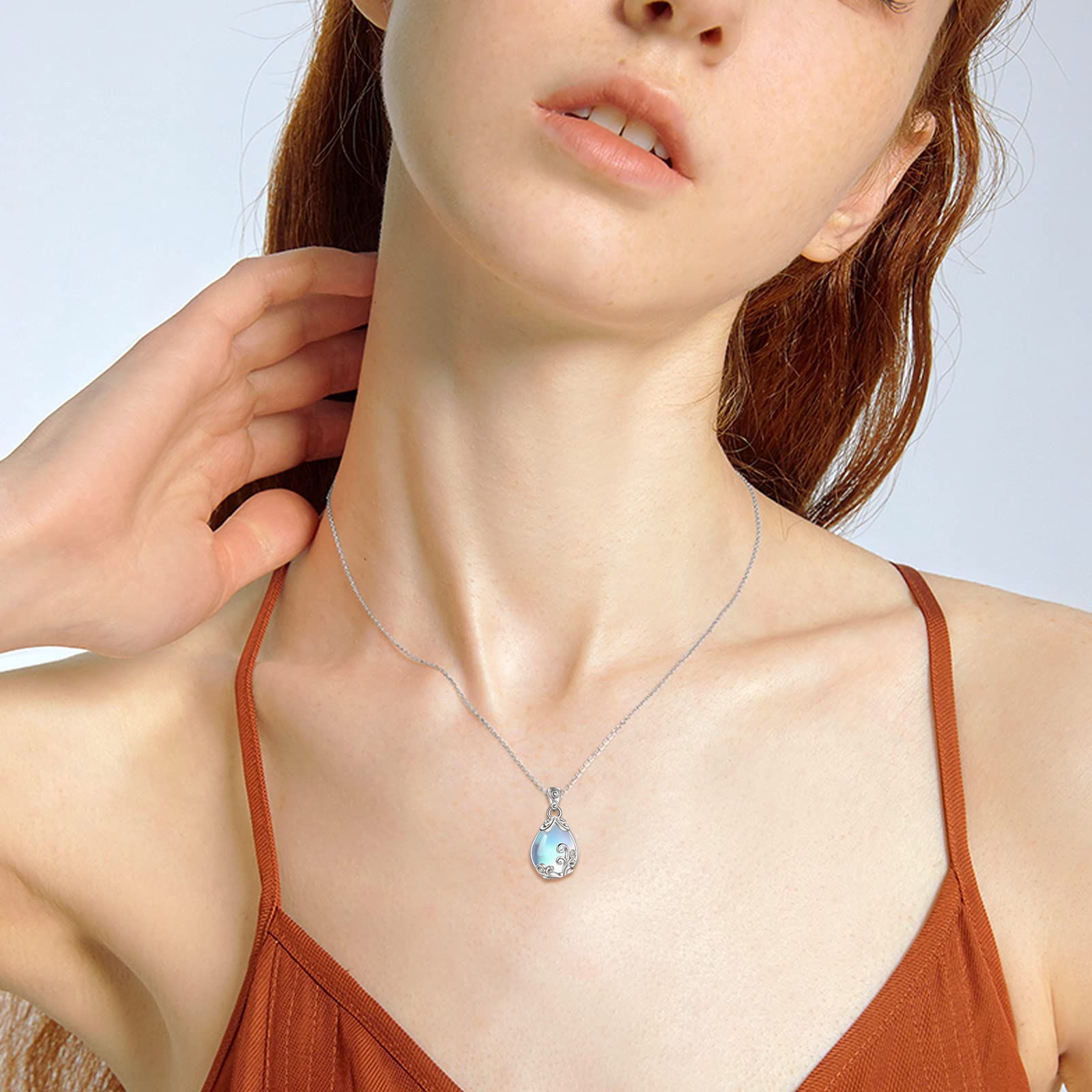 POPLYKE Sterling Silver Moonstone Filigree Teardrop Necklace Jewelry for Women (Small)