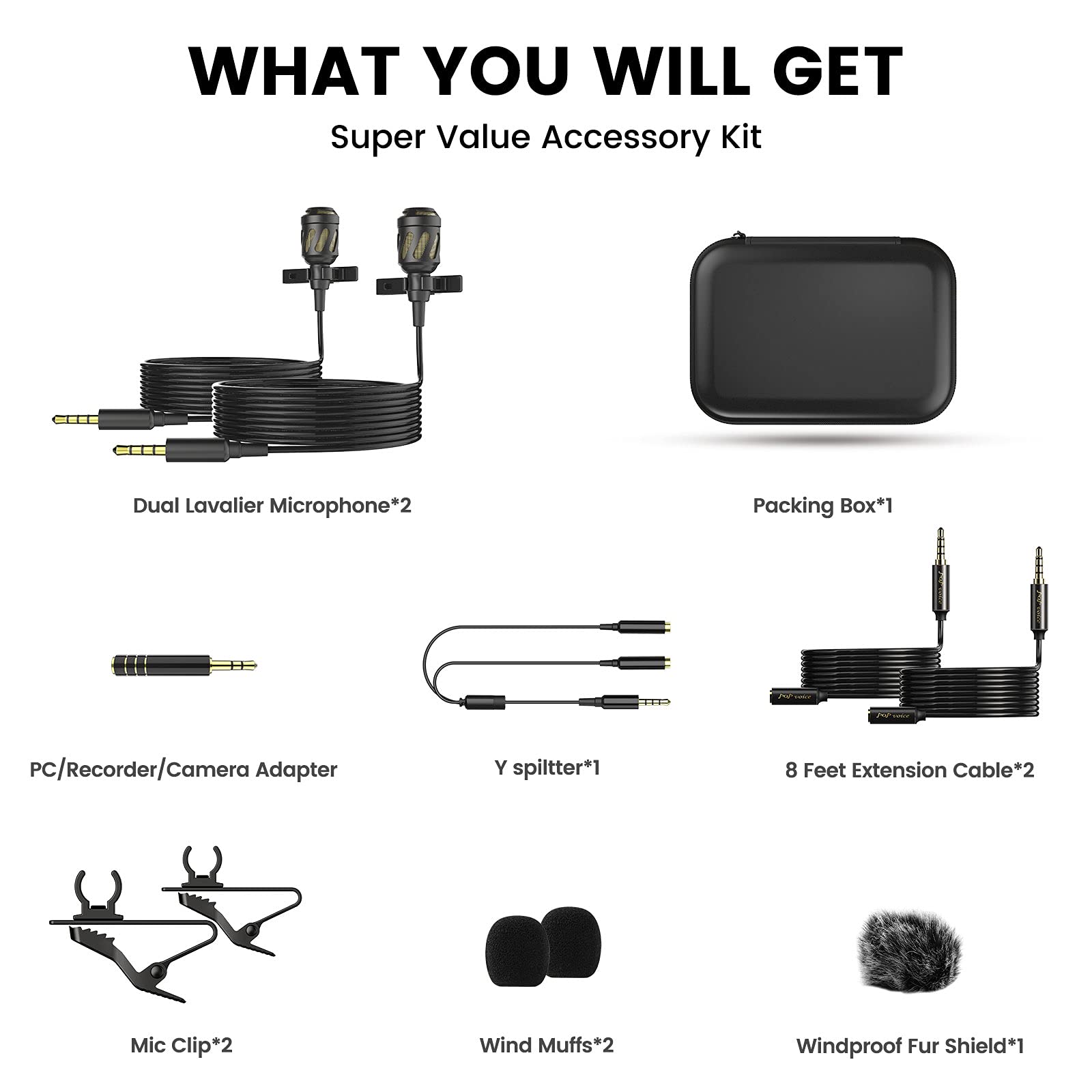 PoP voice 18 Feet Dual Lavalier Microphone, 2 Pack Lapel Microphones for iPhone,Android, PC,Computer,Laptop,Camera,Professional Condenser mic for YouTube,Interview,Video,Include Various Accessories