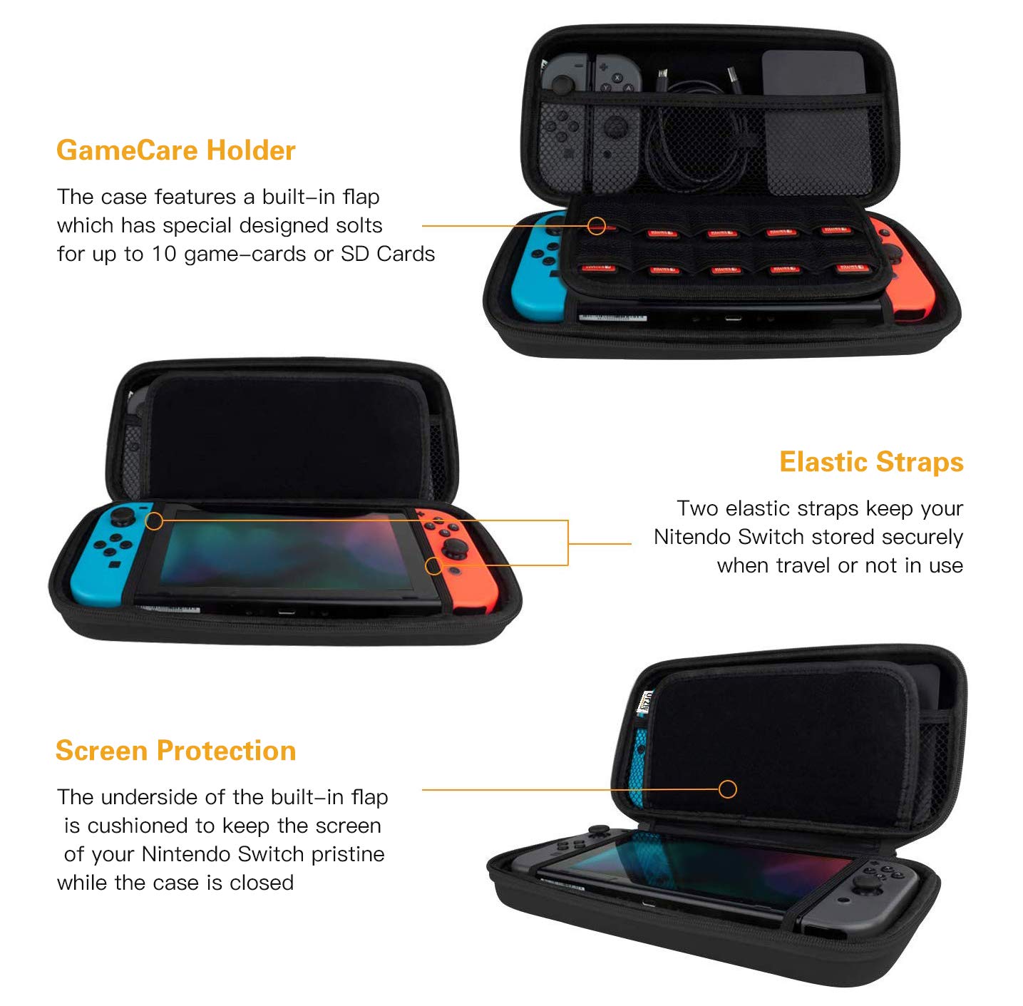 Nintendo Switch Case with Screen Protector - Zodight Hard Travel Carry Case + Protective Cover + TPU Protective Film + Charge Cable, Larger Storage Space for Nintendo Switch Console & Accessories