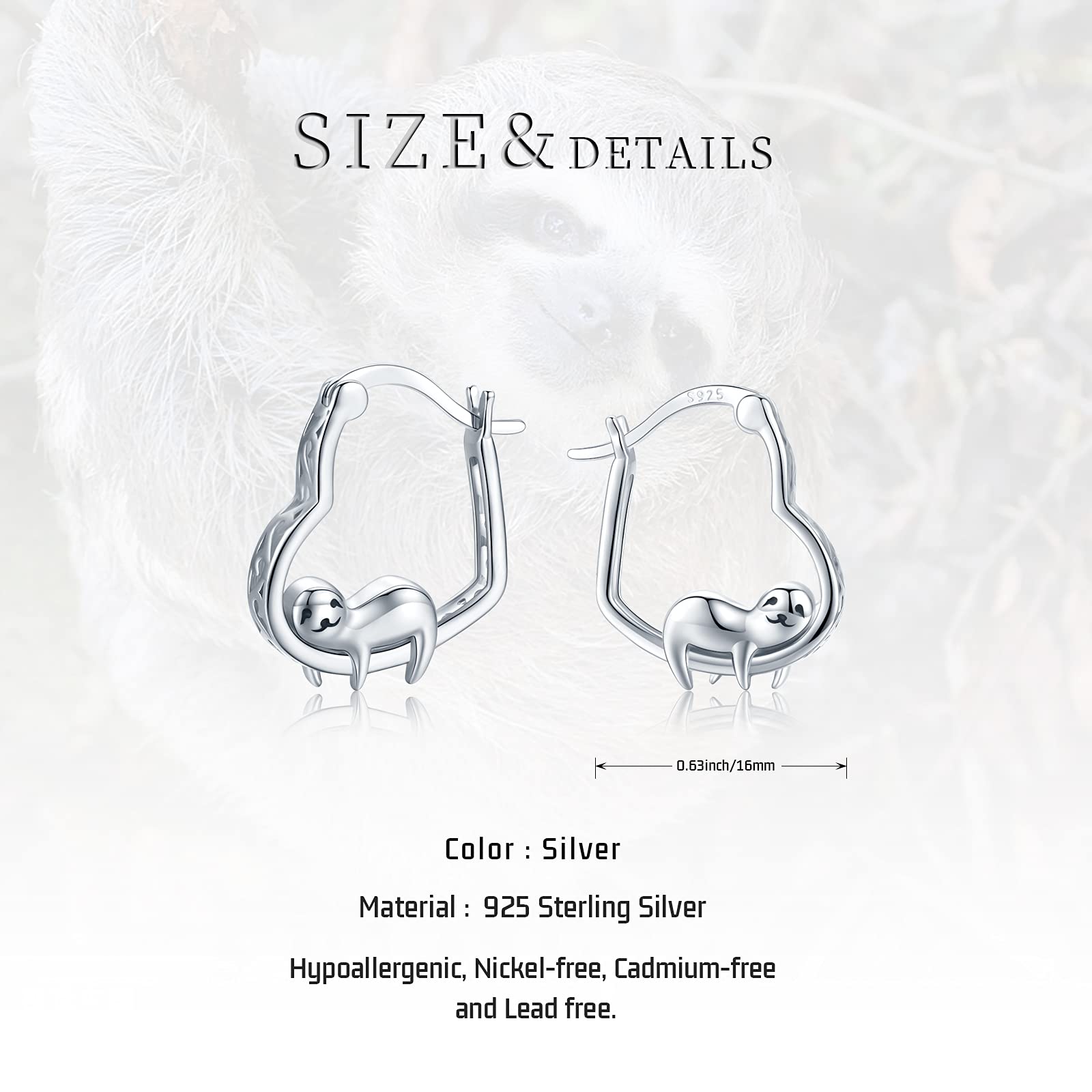 Sloth Earrings Sterling Silver Huggie Small Hoop Earrings for Sensitive Ears Sloth Jewelry Gifts for Women