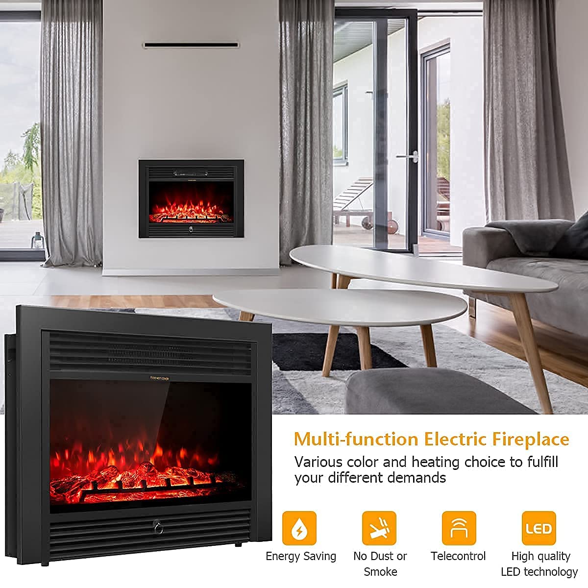 Salches 28.5" Electric Fireplace, 750W/1500W Insert Recessed Mounted Wall Fireplace w/3 Color Flames, 8 H Timer & 5 Brightness Settings, Fireplace Heater with Remote Control for Indoor Use