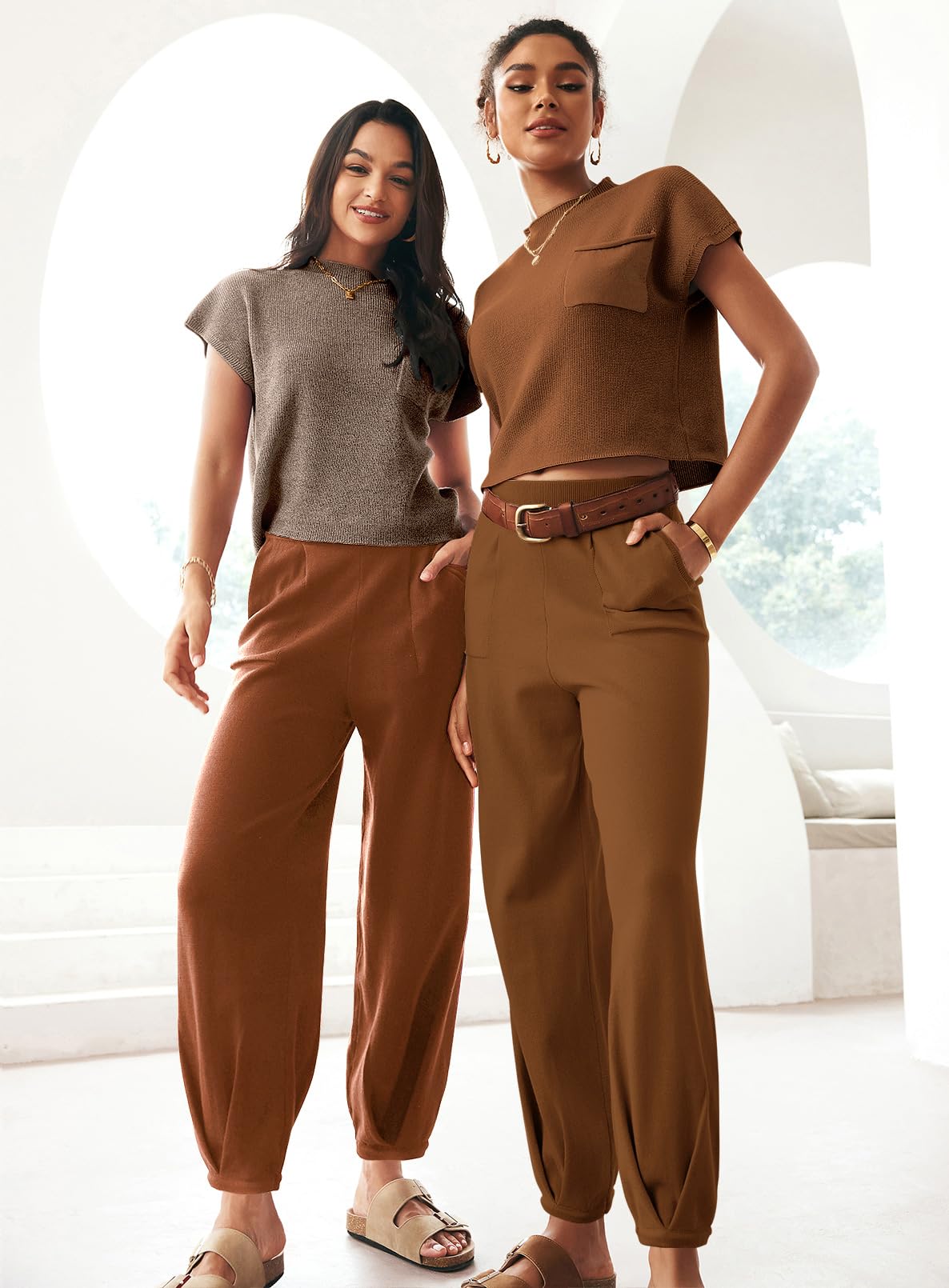 MEROKEETY Women Two Piece Outfits Sweater Sets Knit Pullover Tops High Waist Pants Lounge Set Tracksuit, Pecan, Small