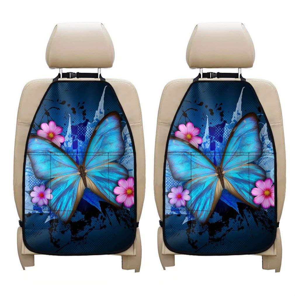 ORGYPET Blue Butterfly Printed Kick Mats Car Seat Back Protector, Universal Interior Auto Decor Seat Organizer Storage Pocket Carseat Kick Mat Cushion