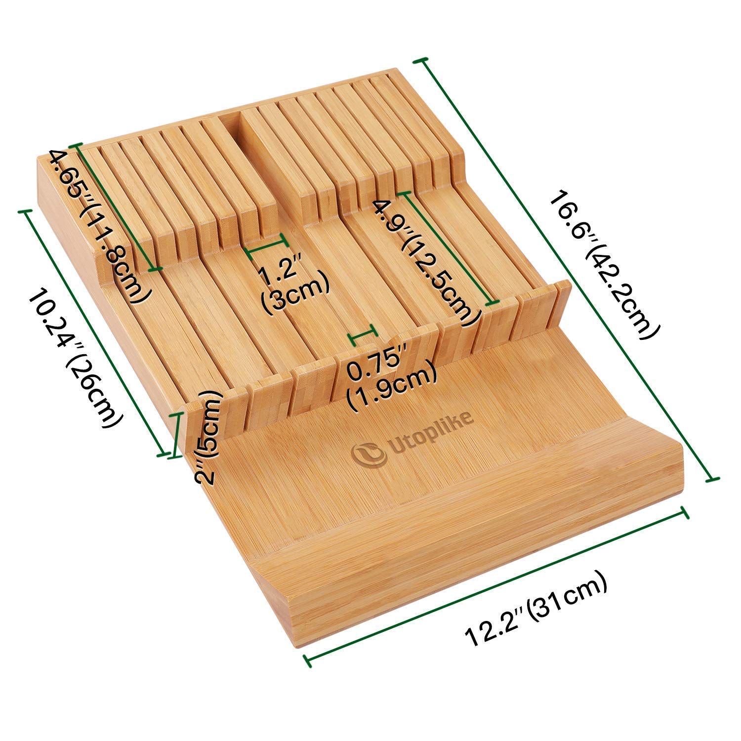 Utoplike In-drawer Knife Block Bamboo Kitchen 16 Knifes Drawer Organizer and Flatware Expandable Cutlery Organizer Tray Set