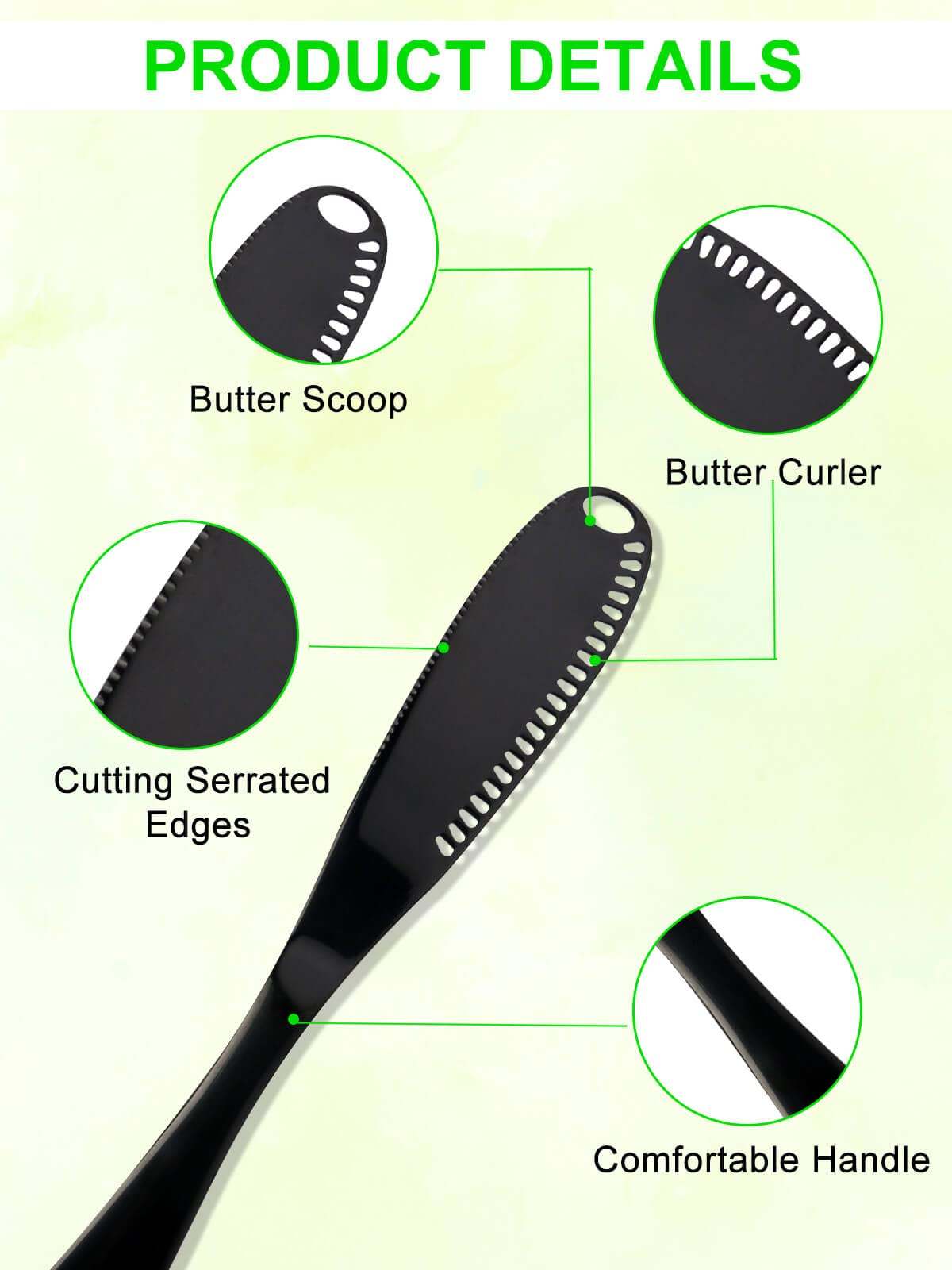 RIEOS 2 PCS Butter Spreader Knife, Stainless Steel Multi-Function Butter Knives, Black Curler with Holes & Serrated Edge, 3- in- 1 Kitchen Gadgets for Cold Butter, Bread, and Jams