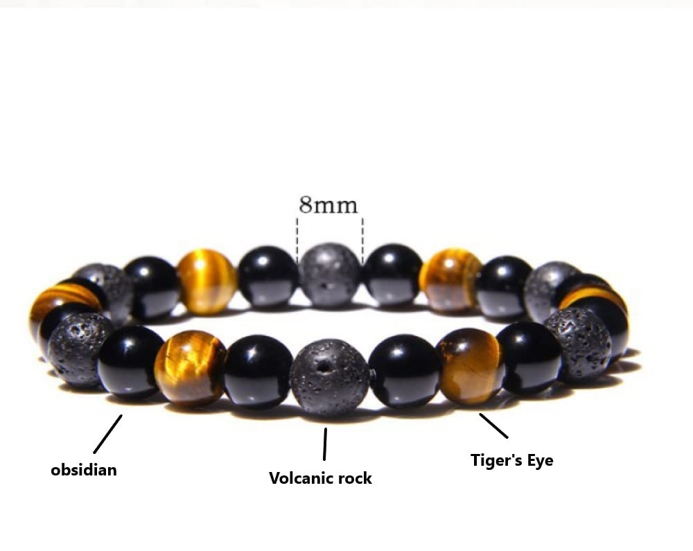 Rustenhof Triple Protection Bracelet,for Protection - Bring Luck and Prosperity,Hematite Beads+Black Obsidian+Tiger's Eye Stone Bracelets (8mm volcanic stone + tiger eye)