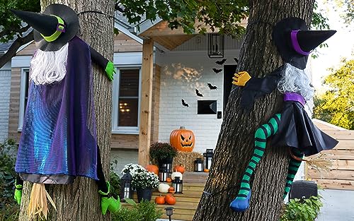 POPGIFTU Large Crashing Witch Halloween Outdoor Decorations, 63" Flying Crashed Witches, Crashing Witch into Tree Halloween Flying Witch Clearance for Yard, Patio, Porch Outdoor Tree Decoration