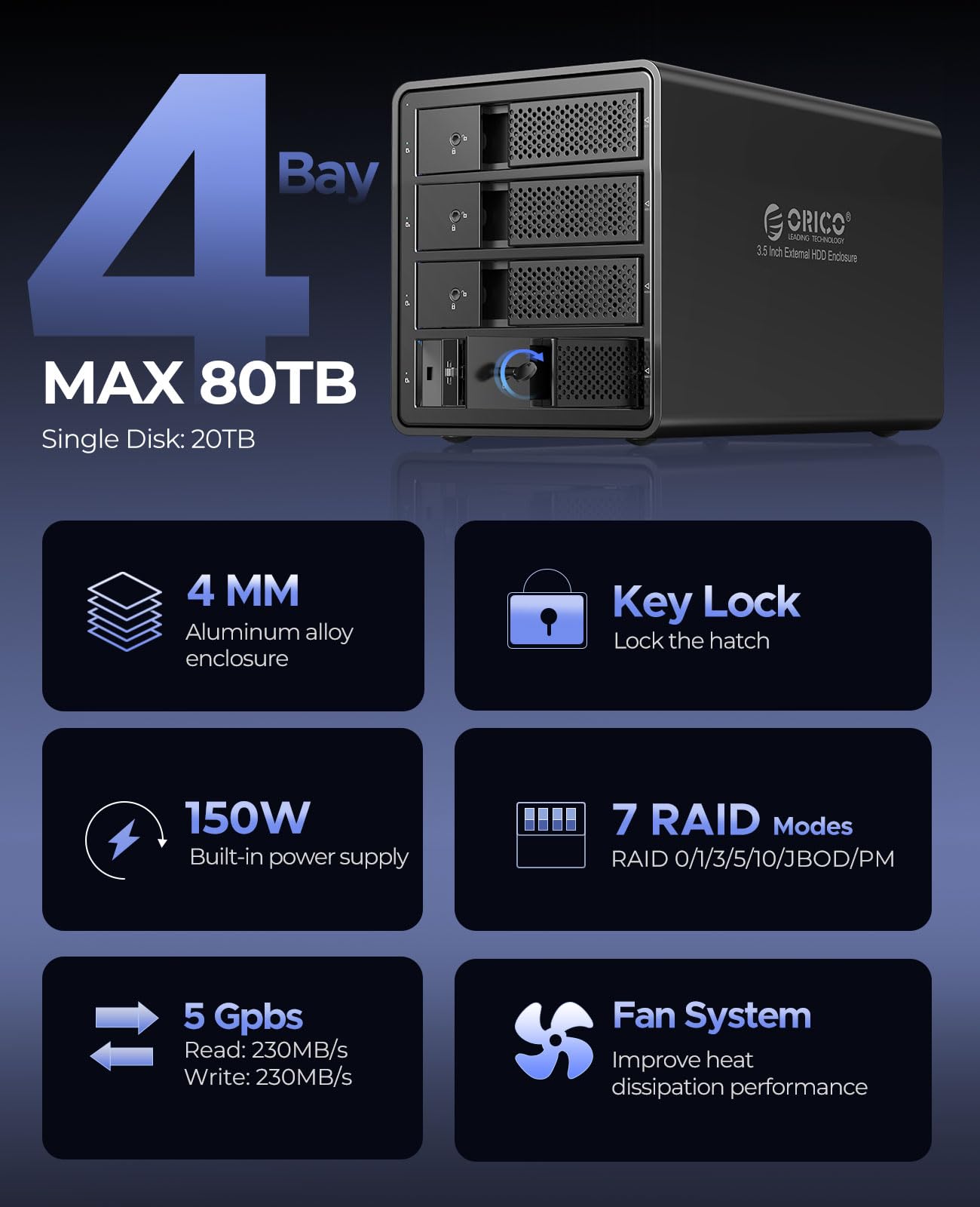 ORICO 4 Bay Raid Hard Drive Enclosure Aluminum with Hard Drive Tray-Less Design HDD Enclosure Max Up to 80TB Support RAID 0/1/3/5/10/JBOD/Single Mode, Designed with Safety Lock -9548RU3