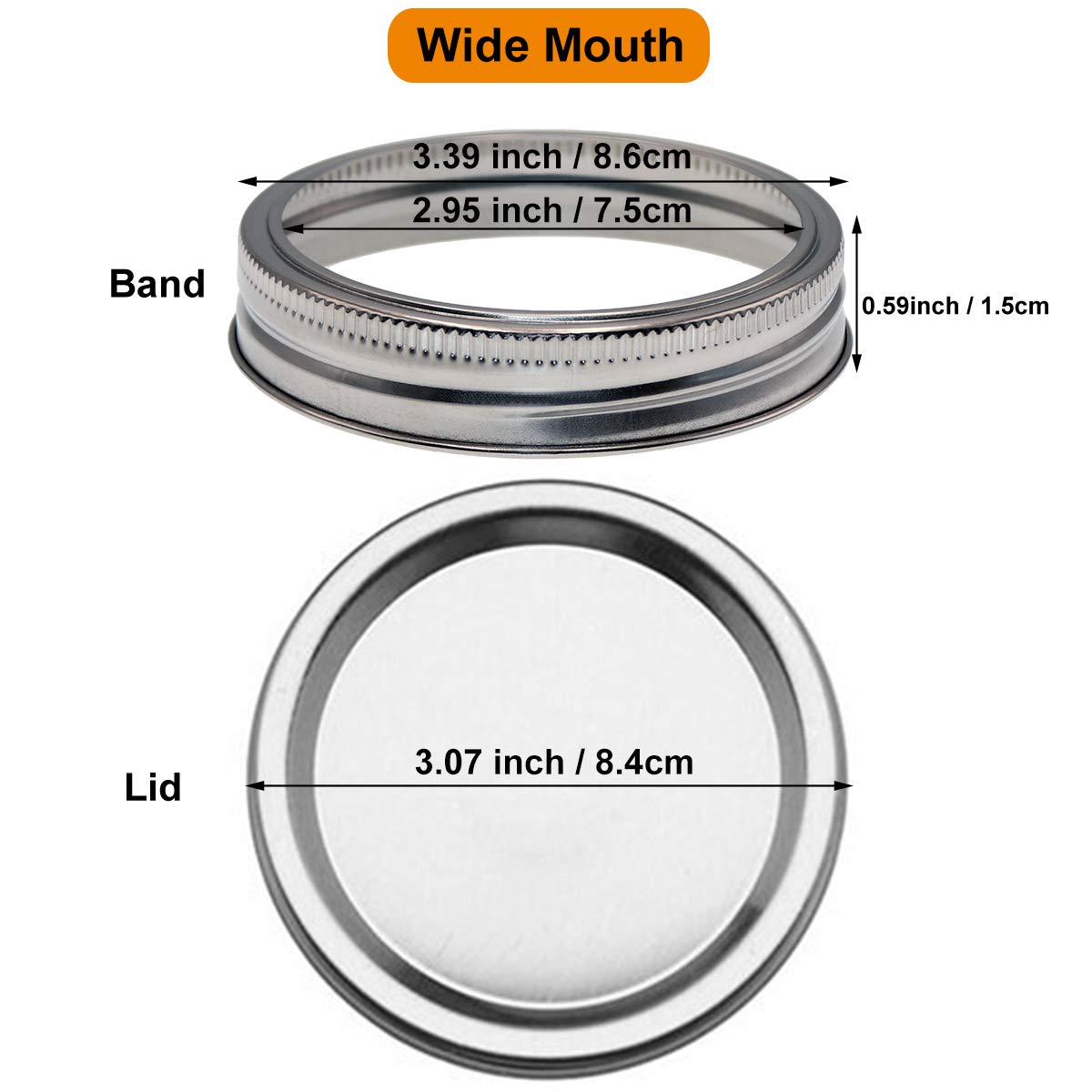 Stainless Steel Rust Proof Mason Jar Canning Lids and Bands/Rings - 10 Pack - Split-Type Mason Jar Tops/Caps for Wide Mouth (86MM) Jars, Polished Surface, Reusable, Leak Proof