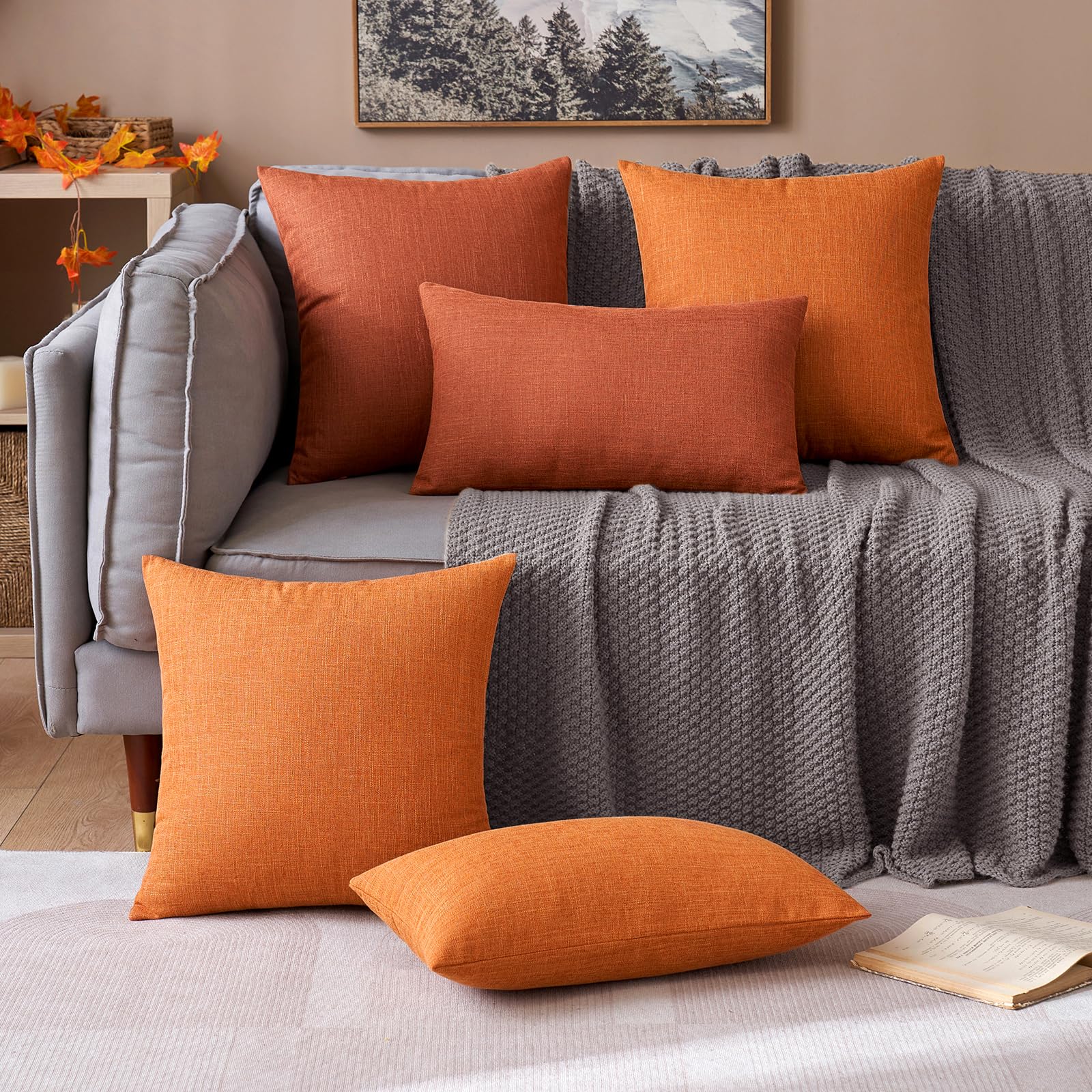 MIULEE Pack of 2 Decorative Throw Pillow Covers Fall Halloween Linen Burlap Square Solid Farmhouse Modern Concise Throw Cushion Case Pillowcase for Sofa Car Couch 18x18 Inch Burnt Orange