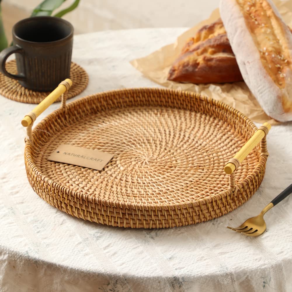 Round Rattan Coffee Table Tray with Handles - Woven Basket Food Decorative Tray ,Handmade Rattan Serving Tray with Handles ,Adorable Natural Bamboo Tray for Ottoman Coffee Table (Large/11 inch)